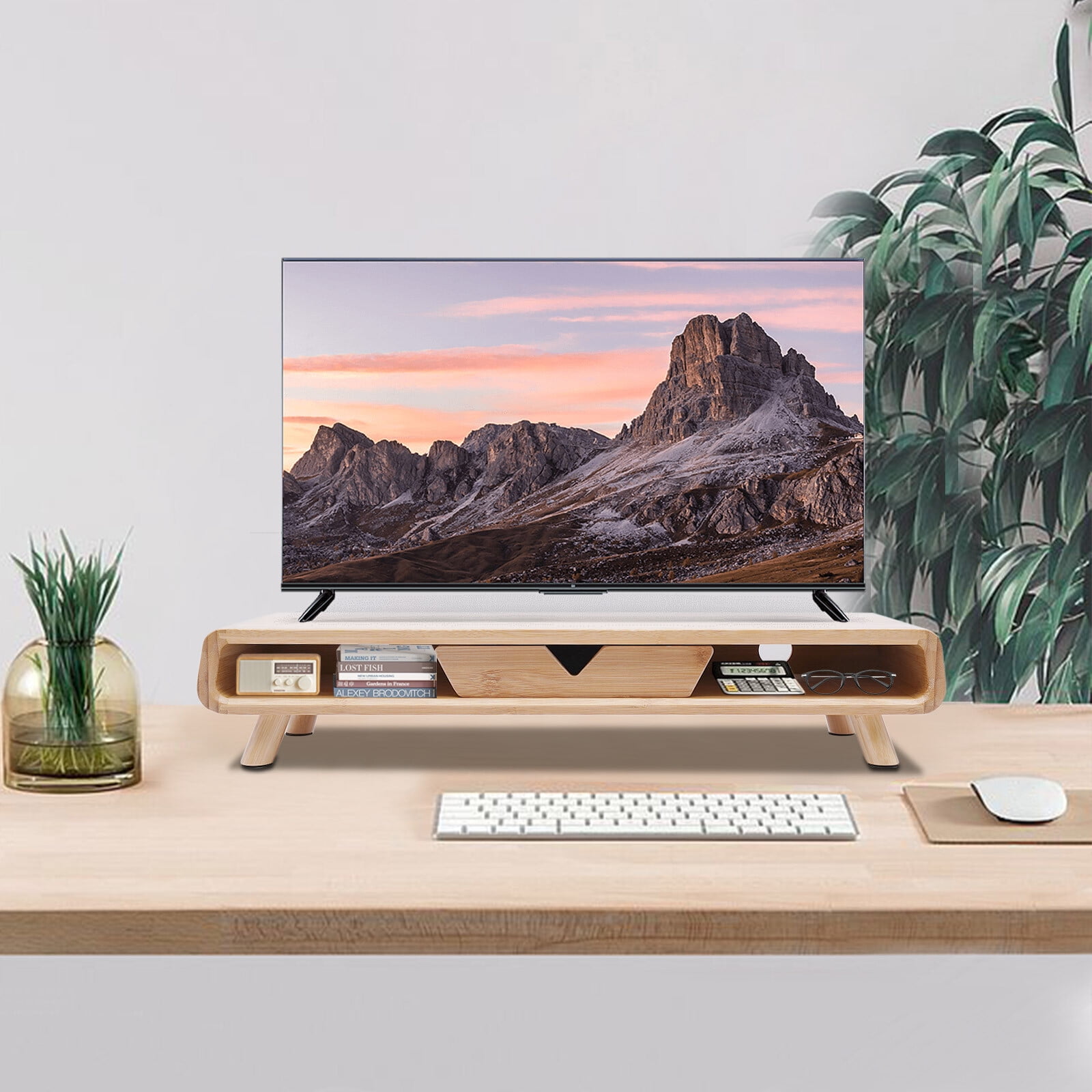 24" Bamboo Monitor Stand & Back Baffle Drawer Desktop Stand Riser 4.5 ...