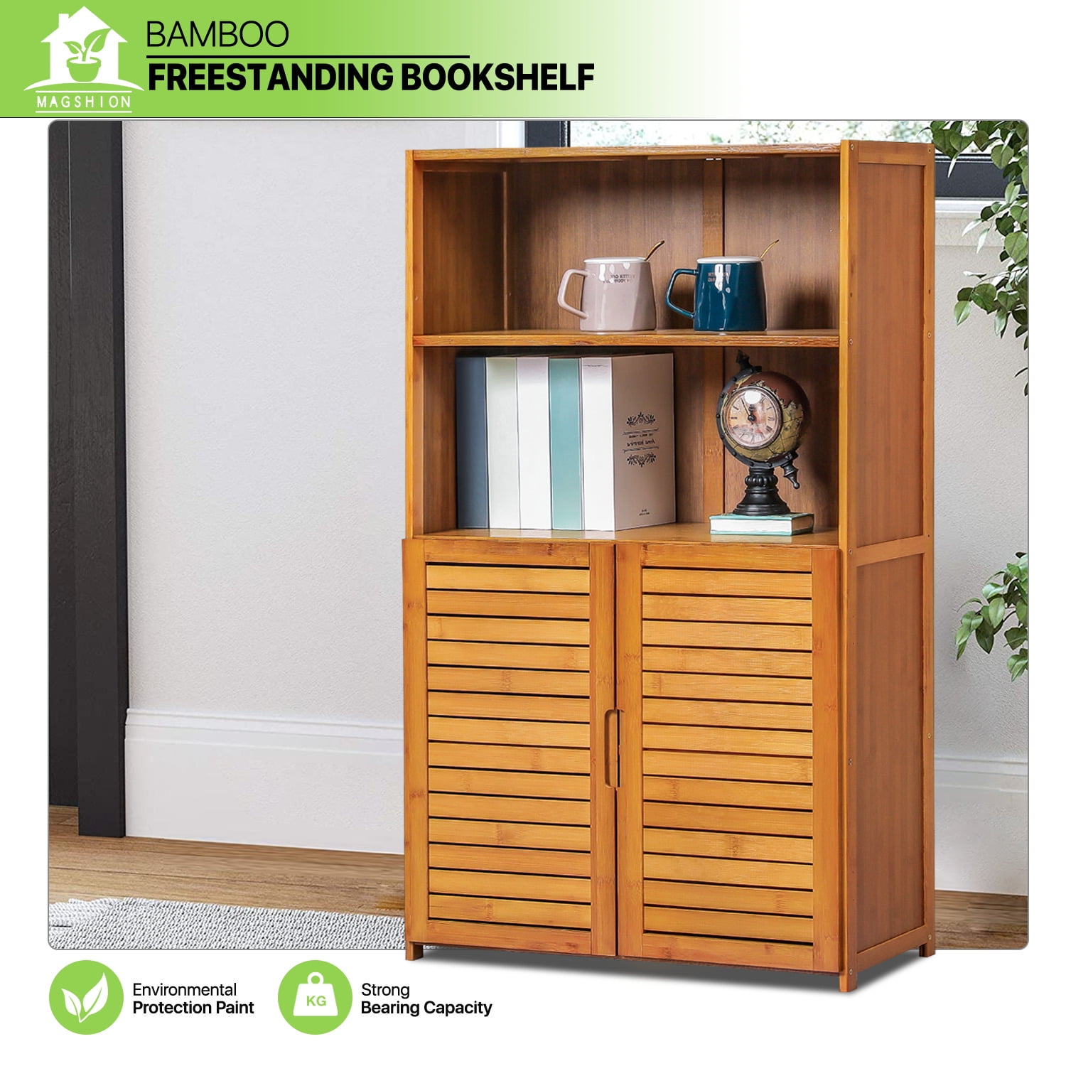24" Bamboo [OPEN SHELVING+CABINET] 4 Tiers Shutter Doors Household ...