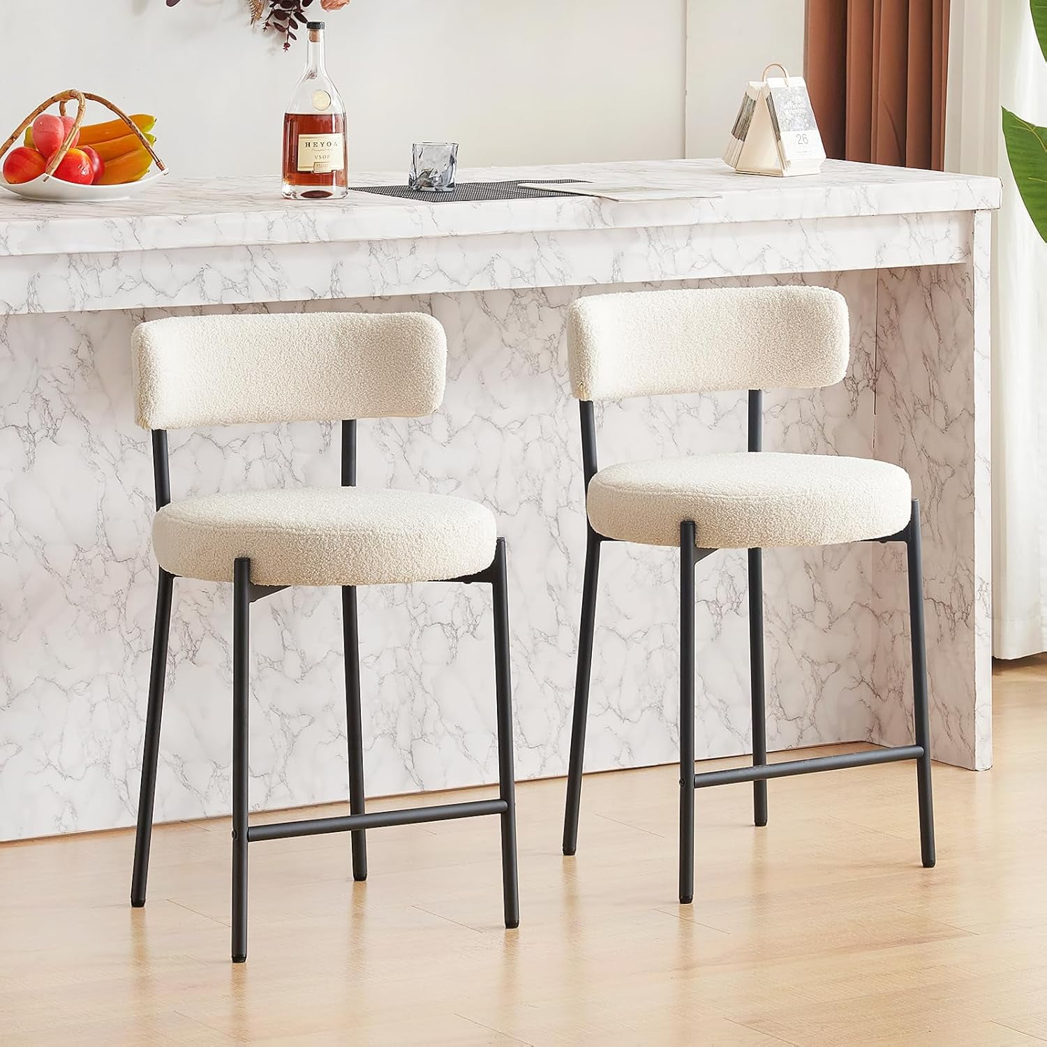 24'' Bar Stools Set of 2, Modern Counter Height Bar Stools with Curved ...