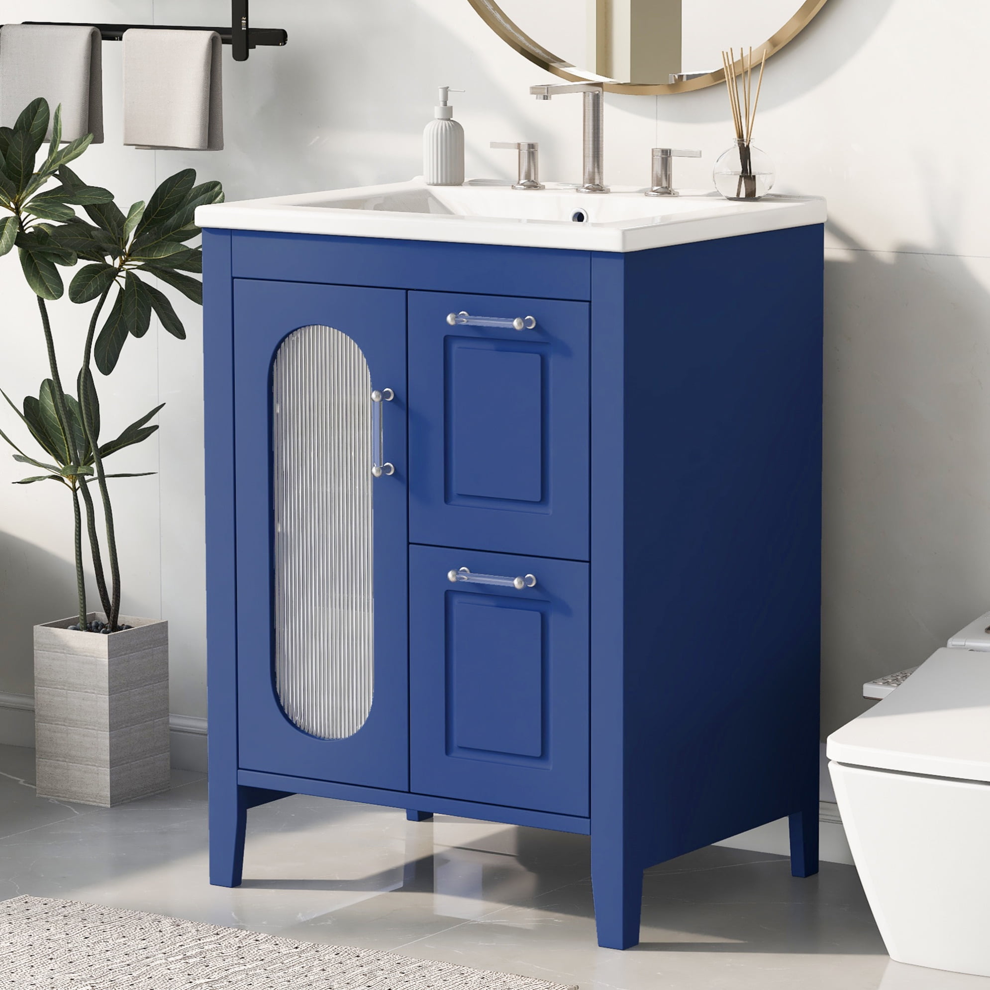 24" Bathroom Vanity with Ceramic Sink, Solid Wood and MDF Cabinet with ...