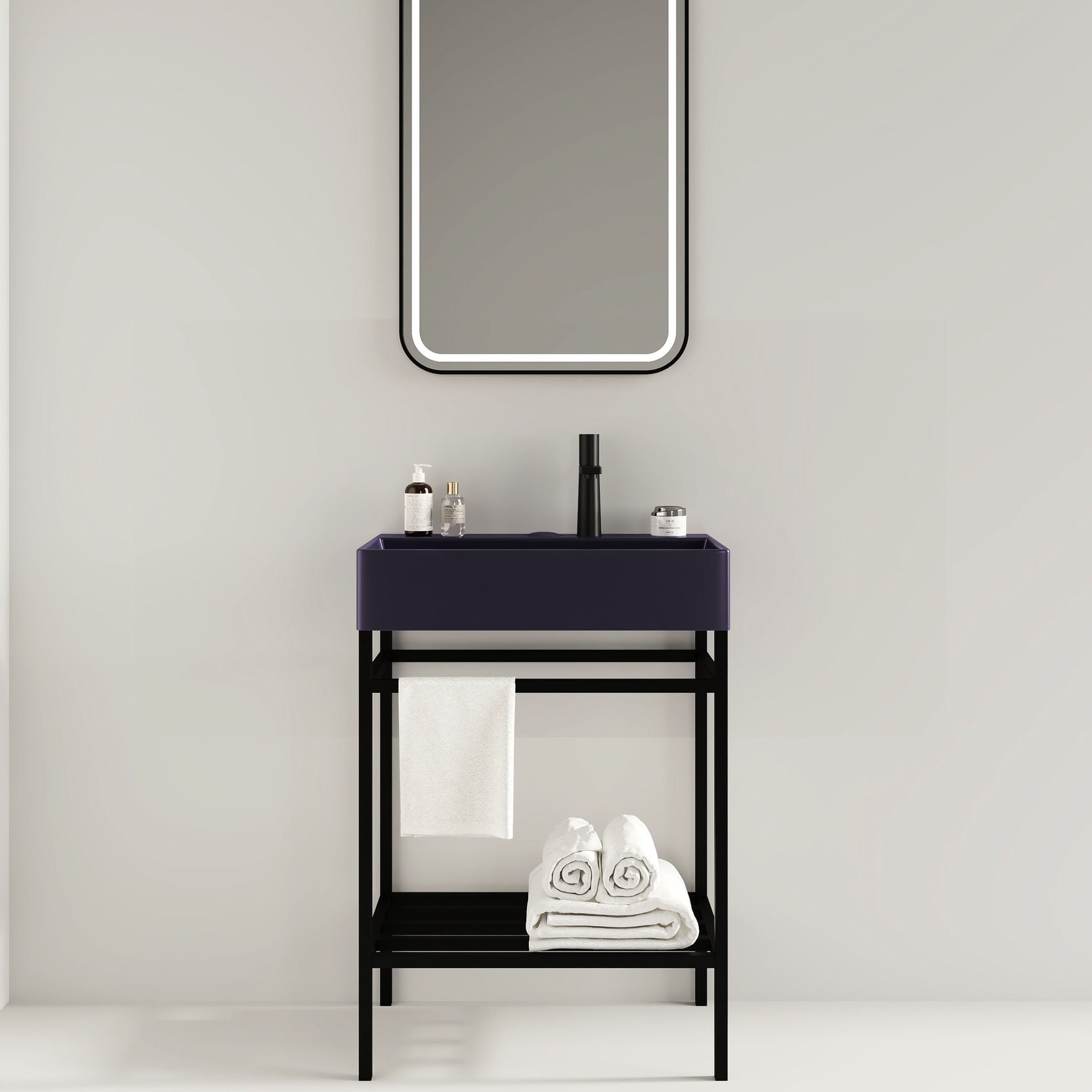 24" Bathroom Vanity, Purple Ceramic Basin, Black Metal Leg and Storage ...