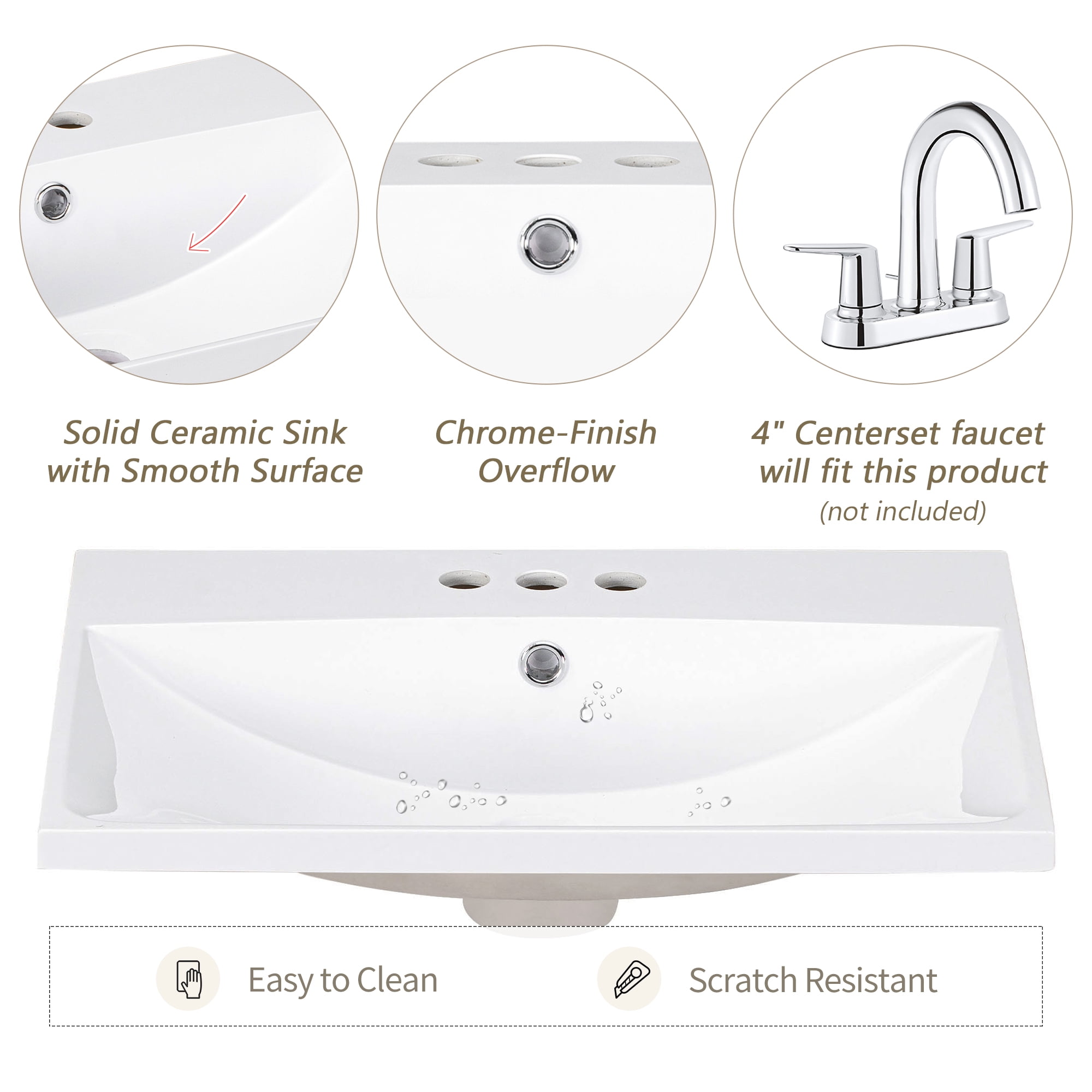 24″ Bathroom Vanity Top Only with Ceramic Sink, White Countertop with 3 ...