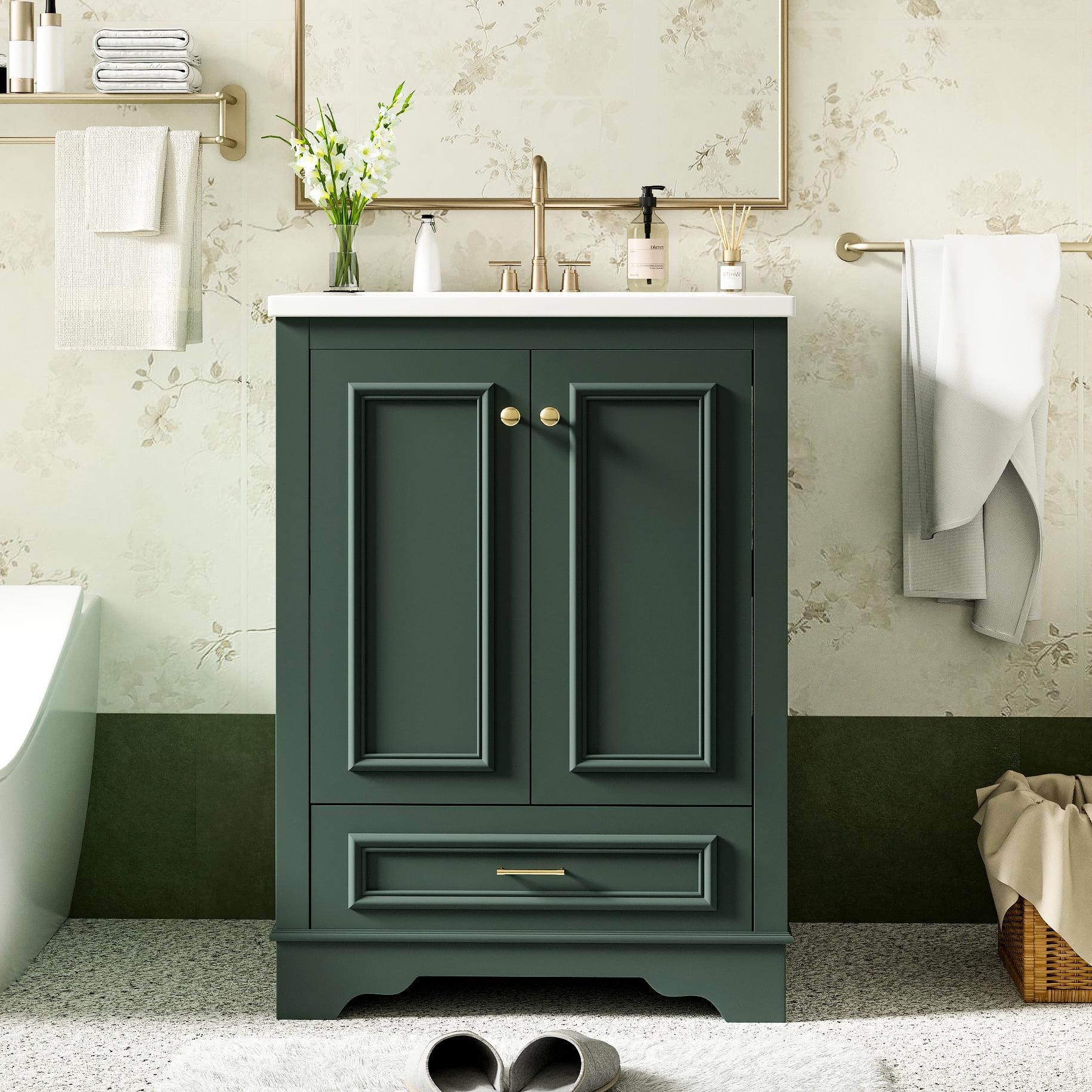 24" Bathroom Vanity With Ceramic Sink, Practical Cabinet Spill Feature ...