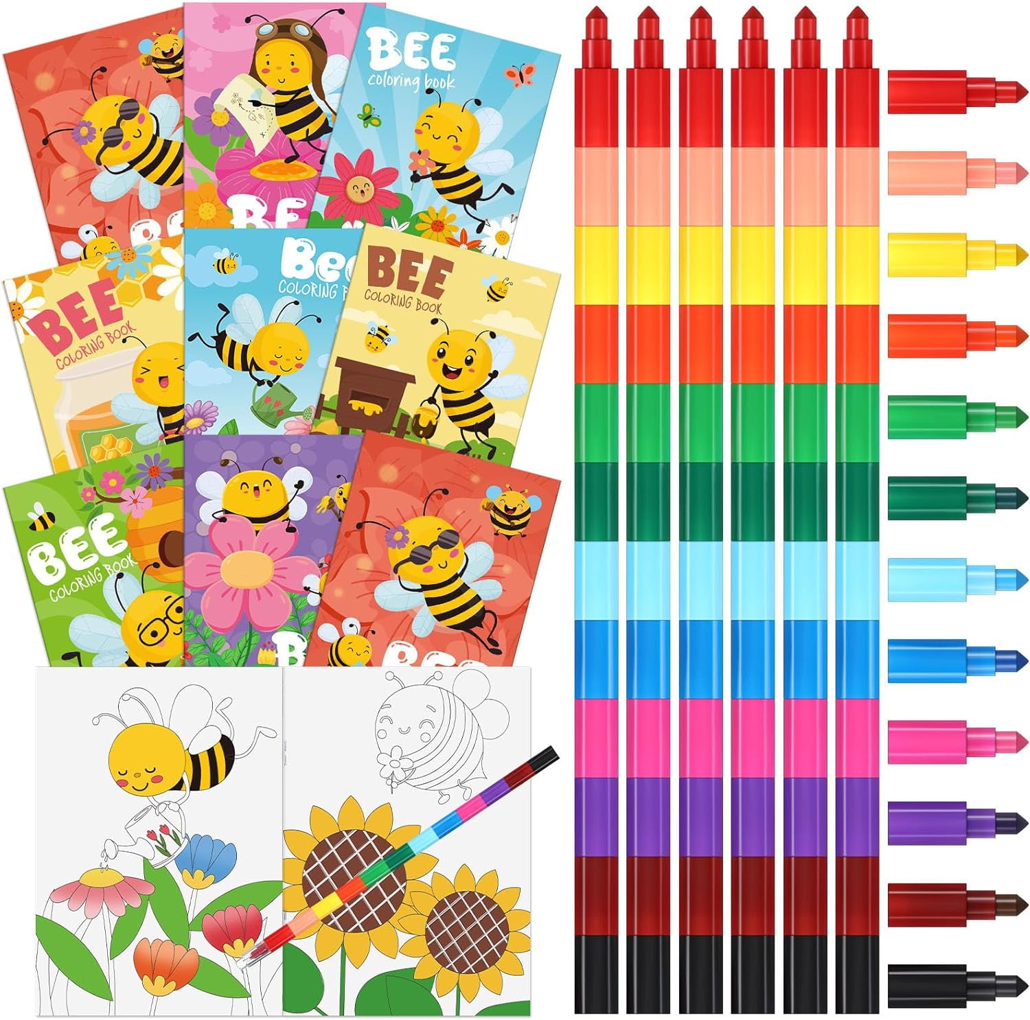 24 Bee Coloring Books with Stackable Rainbow Crayons: Bee Coloring ...