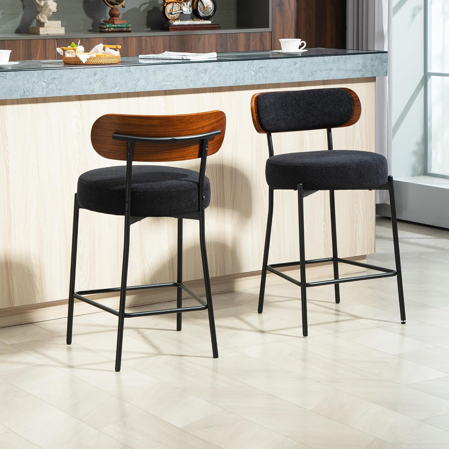 24'' Black Bar Stools Set of 2, Modern Counter Height Bar Stools with ...
