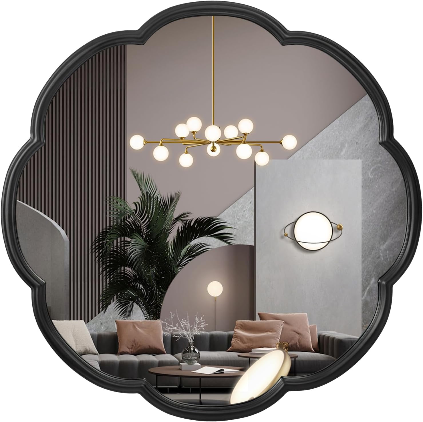 24" Black Mirrors for Wall, Flower Pattern Scalloped Decorative Accent Wall Mounted Mirror ...