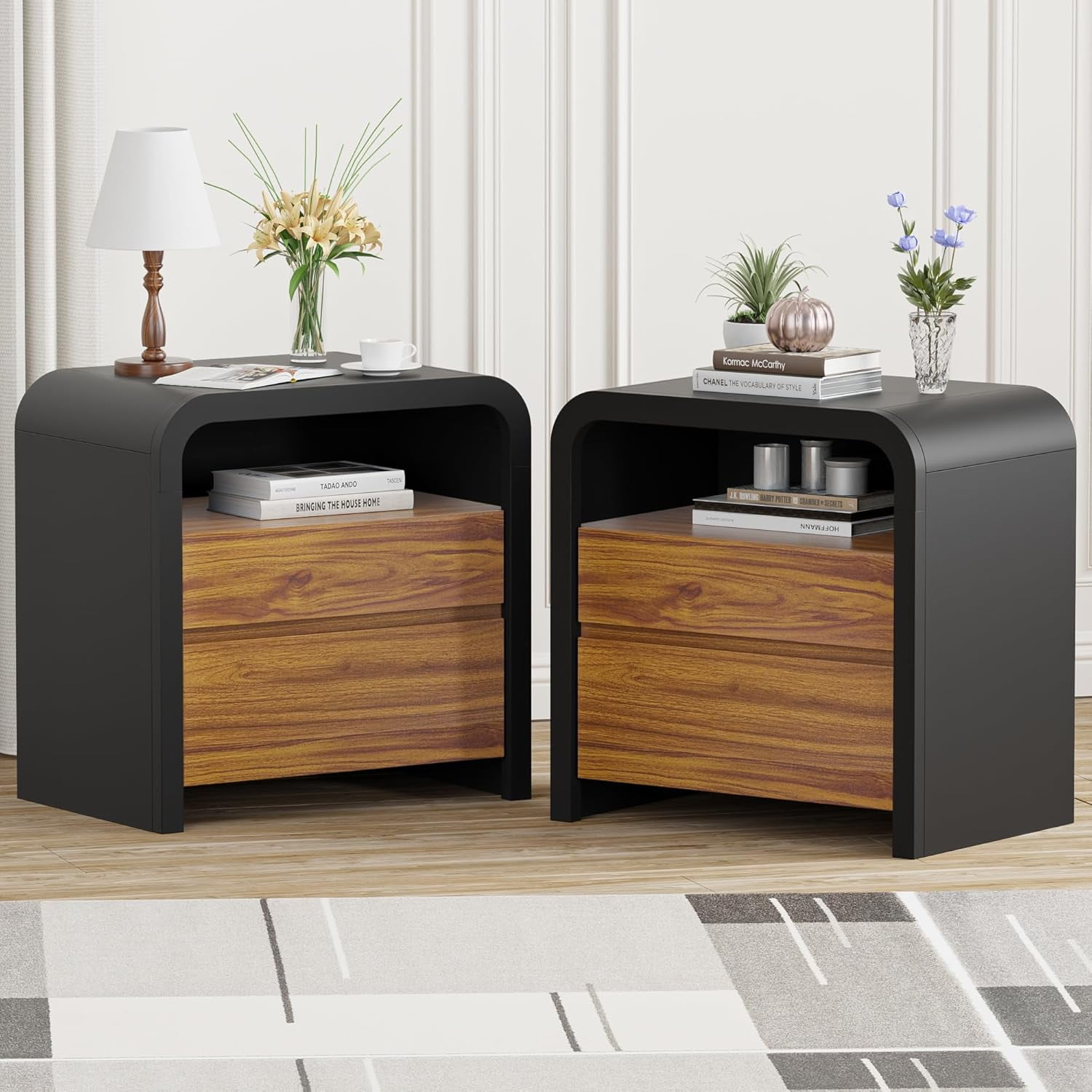 24" Black and Walnut Modern Nightstand Set of 2,Bedside Table with ...