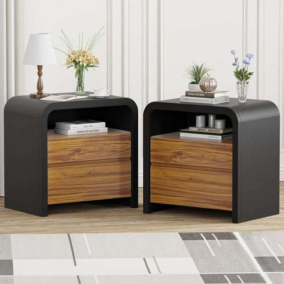 24" Black and Walnut Modern Nightstand Set of 2,Bedside Table with ...