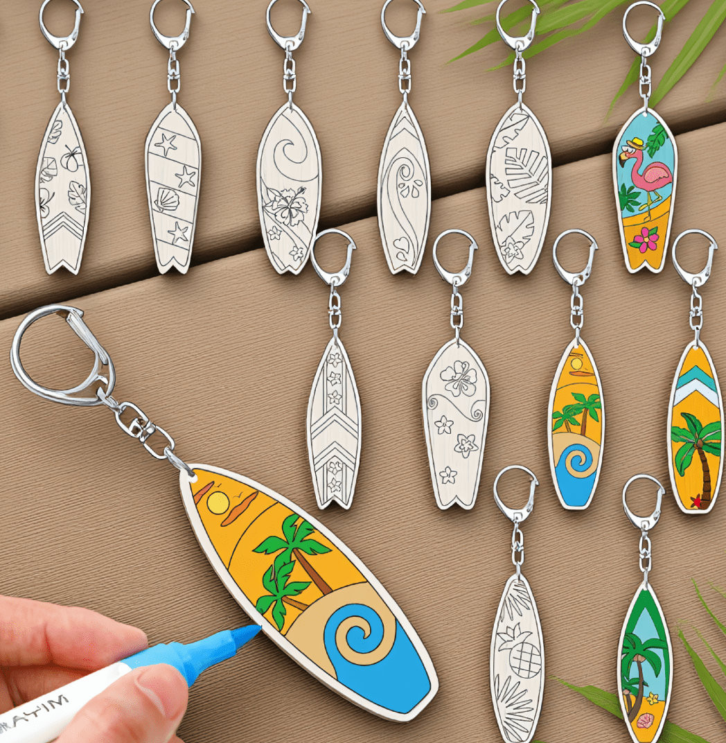 24 Blank Wooden Surfboard Keychains DIY , 12 Styles, Summer Party ...