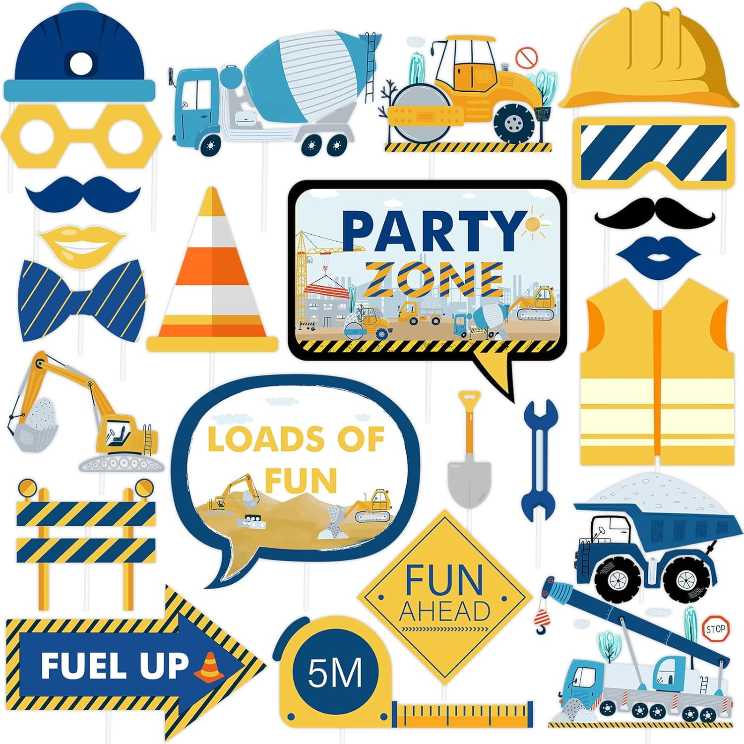 24 Blue Construction Car Theme Photo Booth Props, Excavator Tractor ...