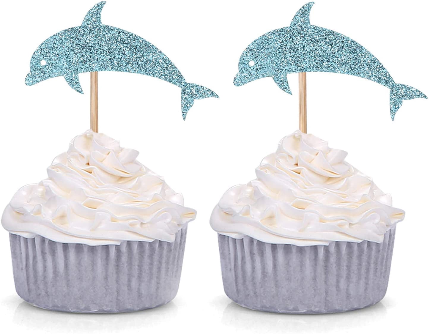 24 Blue Glitter Dolphin Cupcake Toppers Baby Shower Birthday Under the ...