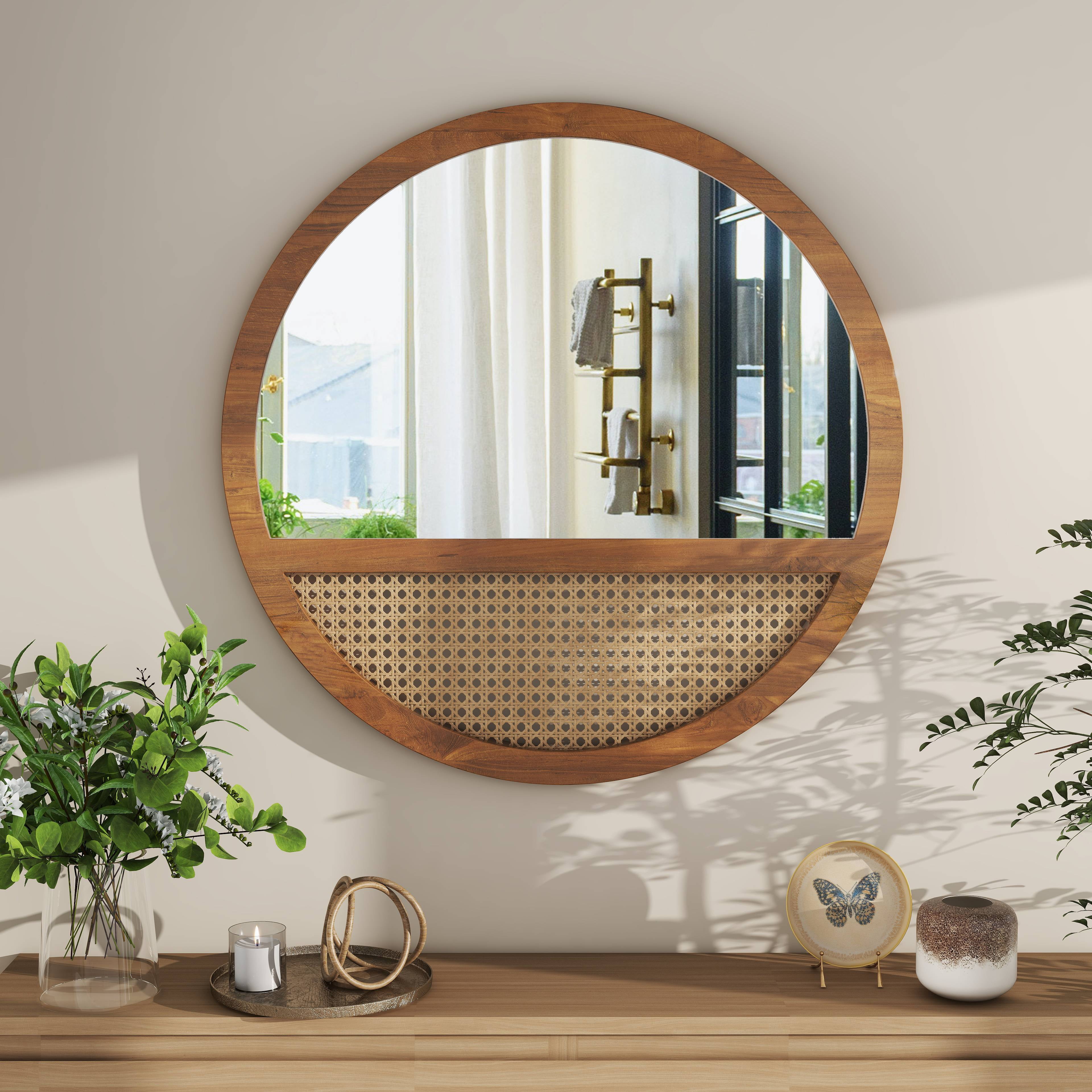 24"Boho Round Natural Wood Rattan Wall Mirror Decor Art Decorative ...