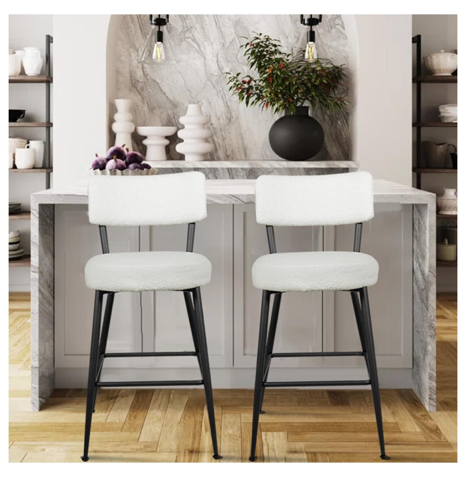 24” Boucle Bar Stools Set of 2, Counter Height Bar Stools with Back ...