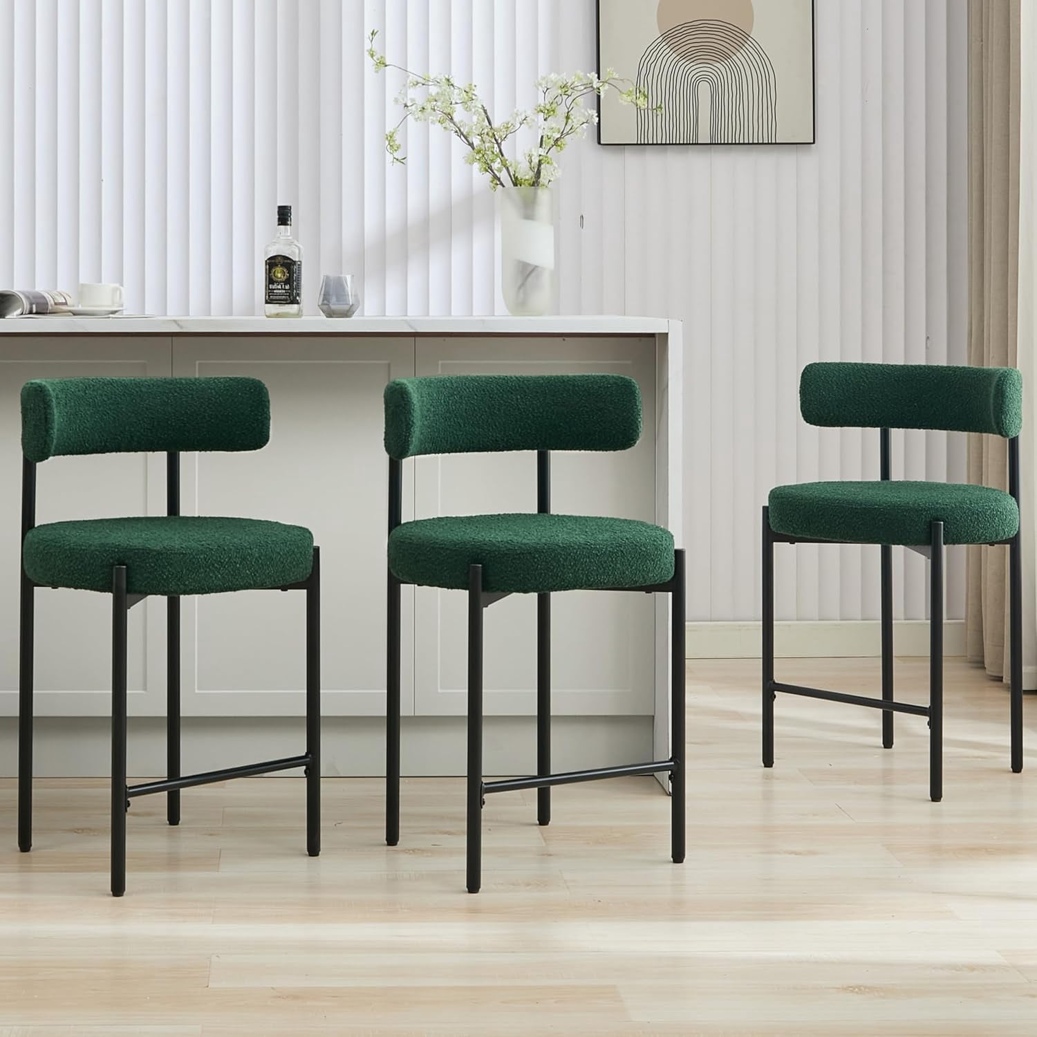 24'' Boucle Bar Stools Set of 3, Green Bar Stools with Backs, Counter ...