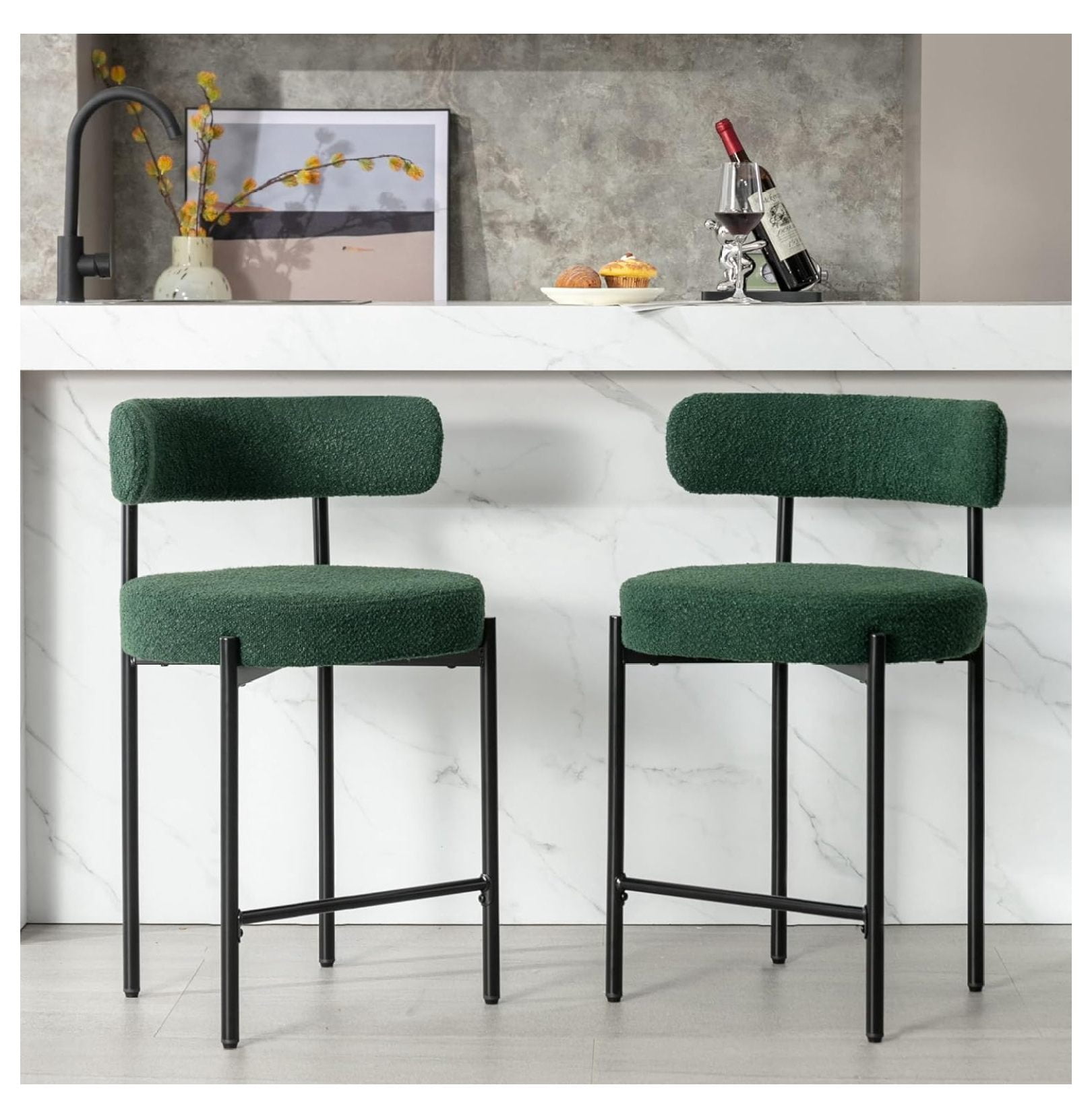 24'' Boucle Counter Stools Set of 2, Green Bar Stools with Backs ...