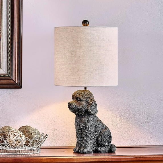 24" Bronze Doodle Dog Resin Table Lamp, Desk Lamp w/White Linen Shade ...