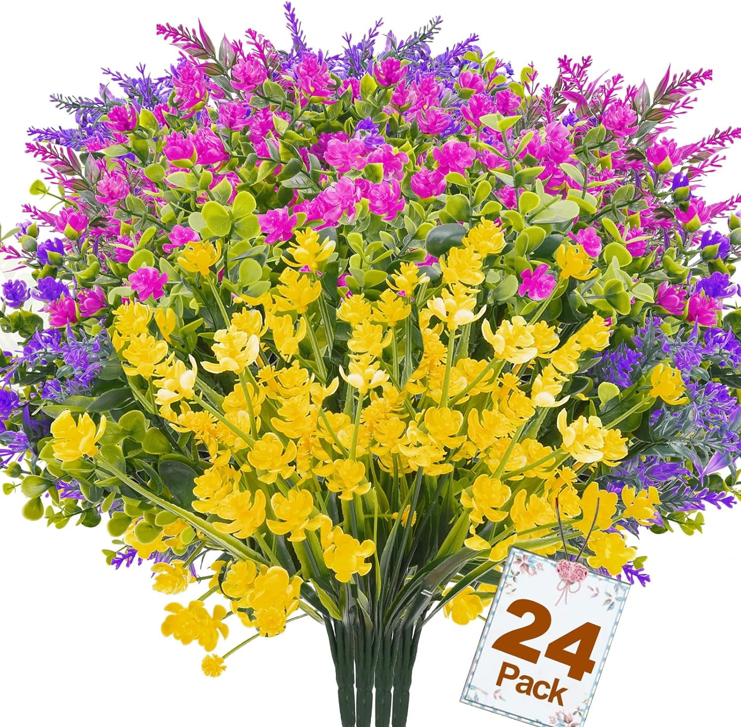 24 Bundles Artificial Flowers for Outdoors, Artificial Plants UV Resistant Fake Flowers Greenery ...