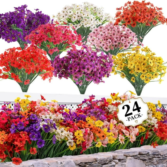 24 Bundles Artificial Flowers for Outdoors/Indoors, Fake Flowers Plants ...