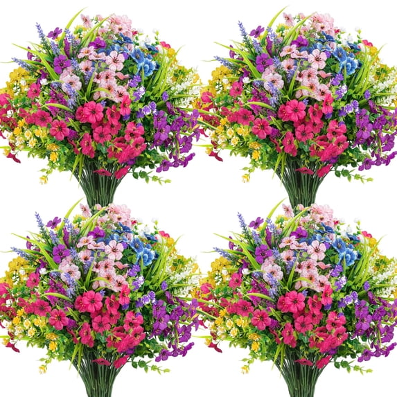24 Bundles UV Resistant Artificial Flowers for Outdoors, Faux Silk Fake ...