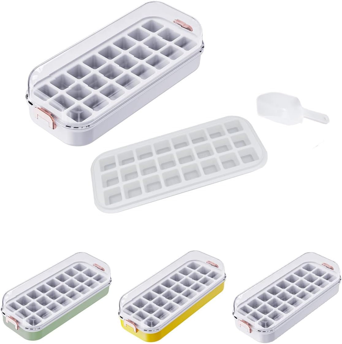 24 Cells Ice Cube Tray with Lid Ice Scoop and Ice Bin, Press to Release ...