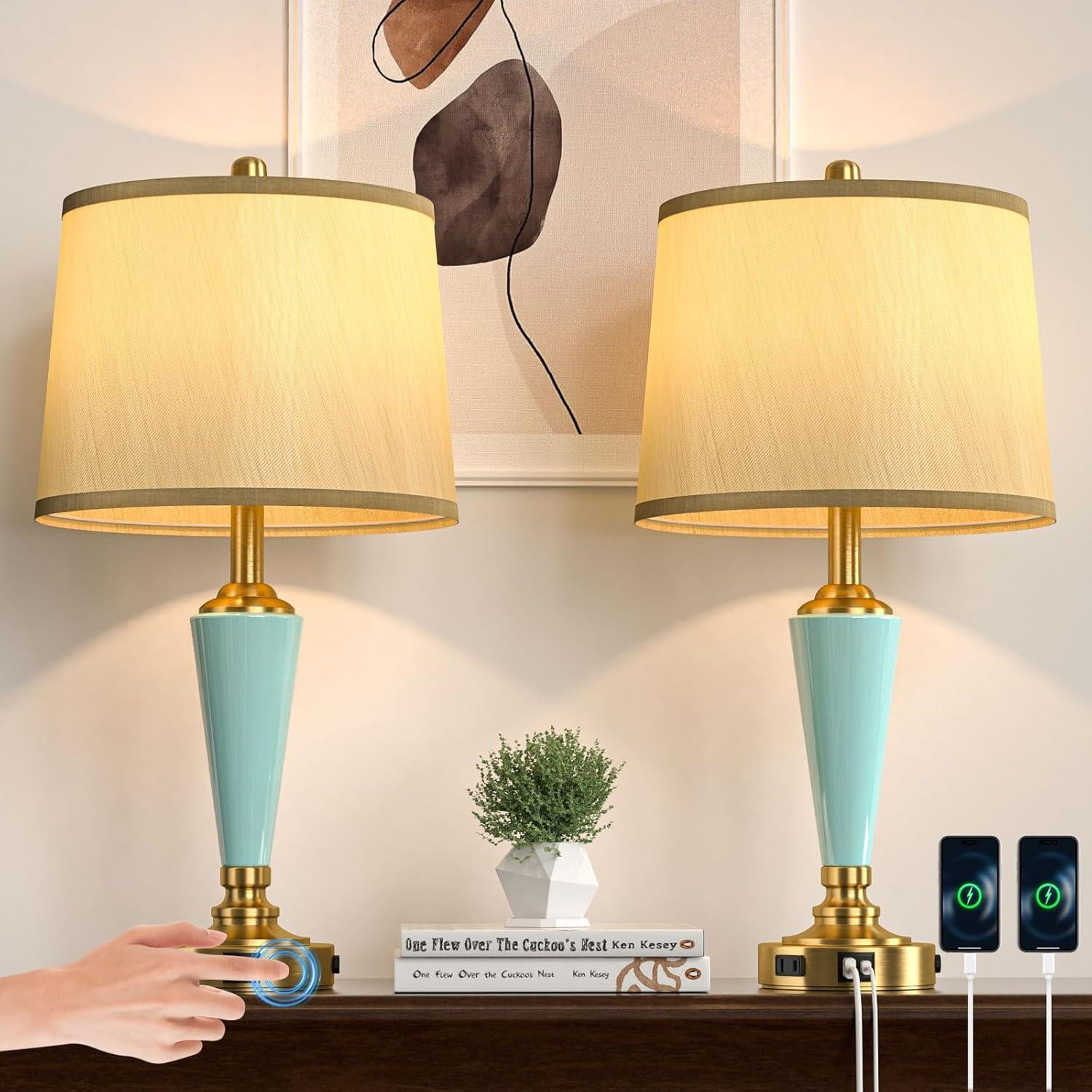 24" Ceramic Table Lamp with 3 Way Dimmable Touch Lamps - 2 USB Ports ...