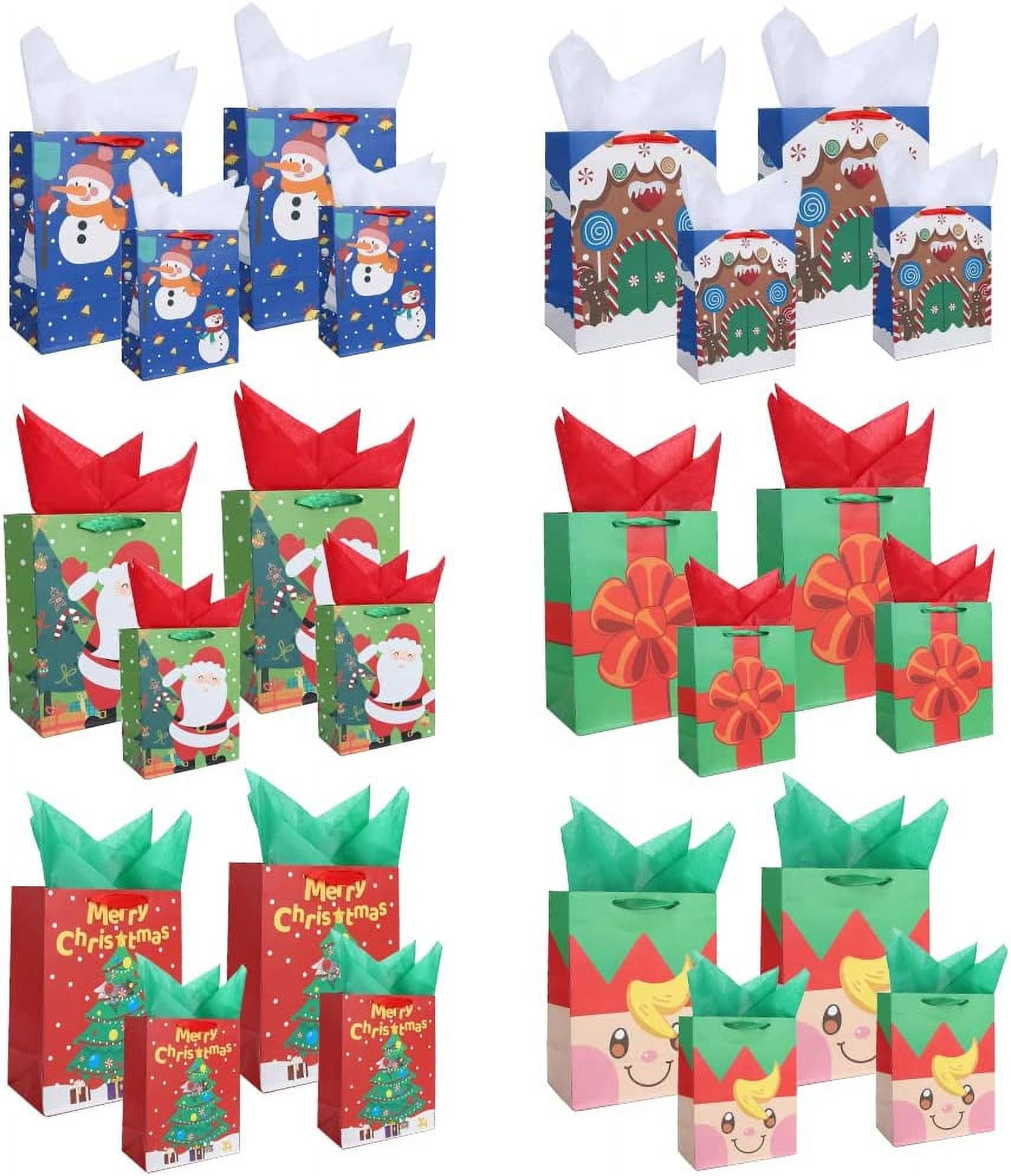 24 Christmas Gift Bags, Xmas Paper Goody Bags & Tissue Paper Assortment ...