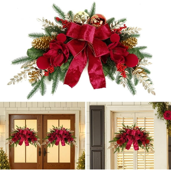 24" Christmas Swag for Front Door Teardrop Decoration with Bows,Xmas ...