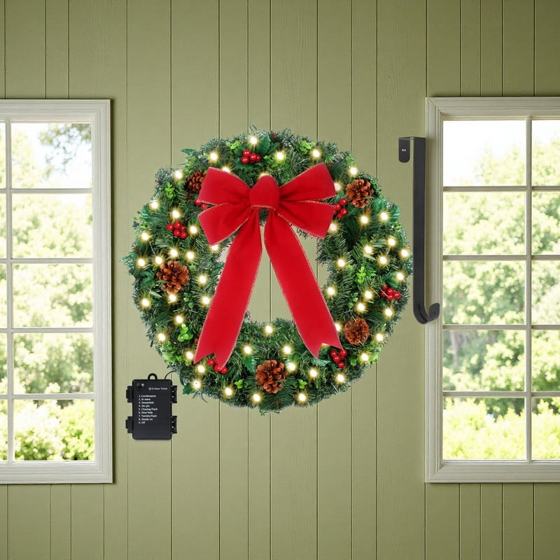 24" Christmas Wreath Battery Operated, Cordless Pre-Lit Artificial ...