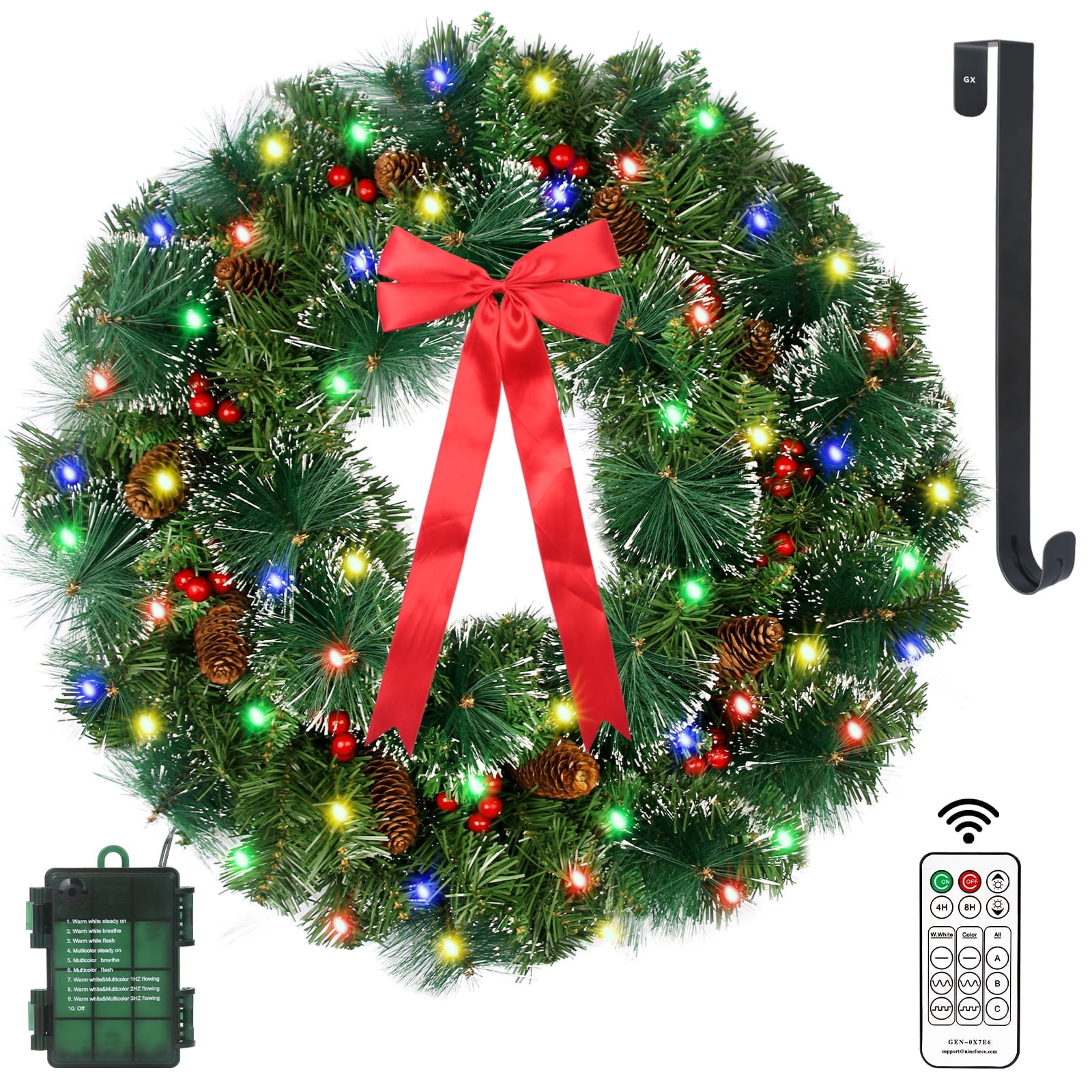 24" Christmas Wreath For Front Door - Prelit Christmas Decorations ...