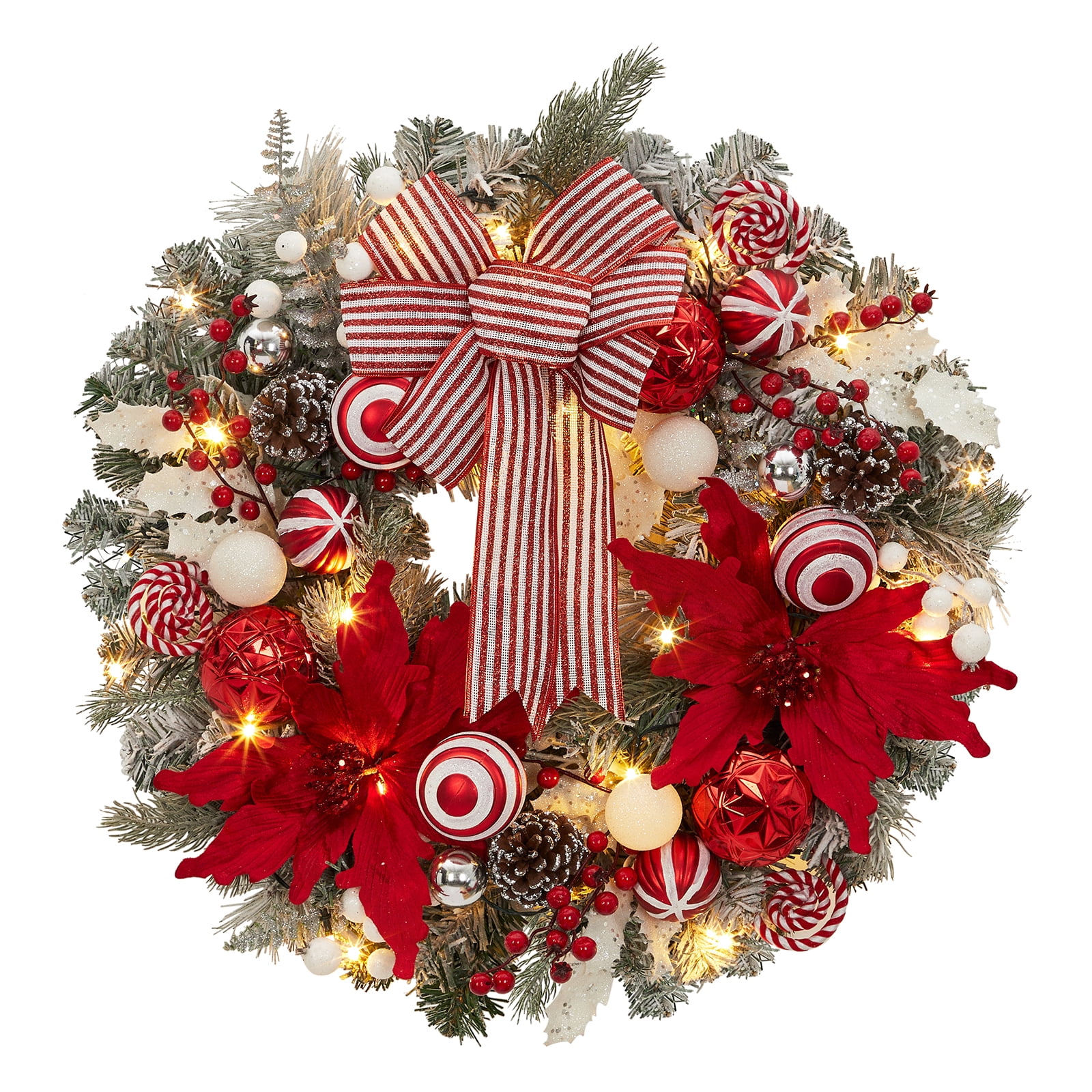 24" Christmas Wreath, Pre-Lit Large Lighted Wreath with Xmas Balls ...