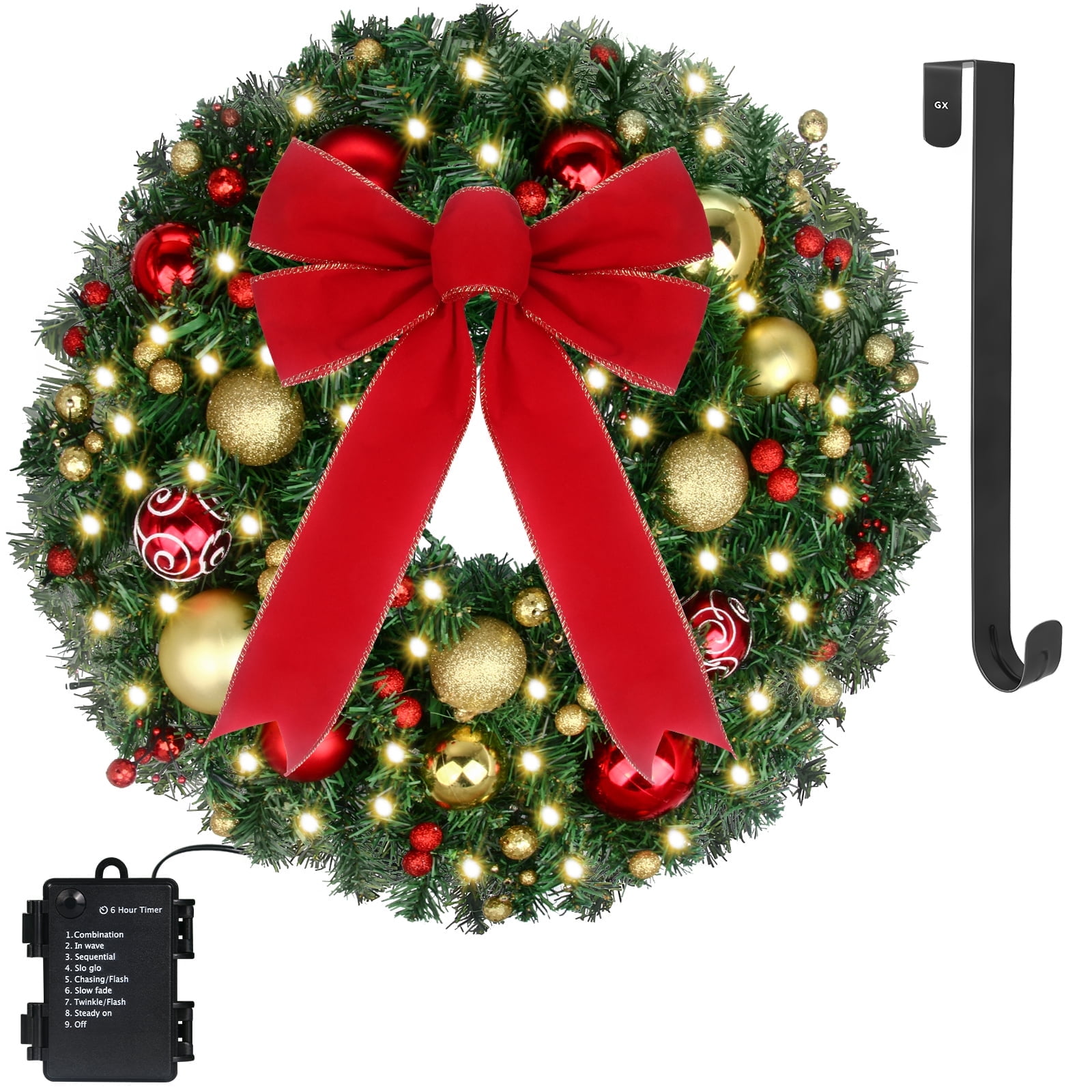 24" Christmas Wreath with Timer LED Lights and Ball Ornaments ...