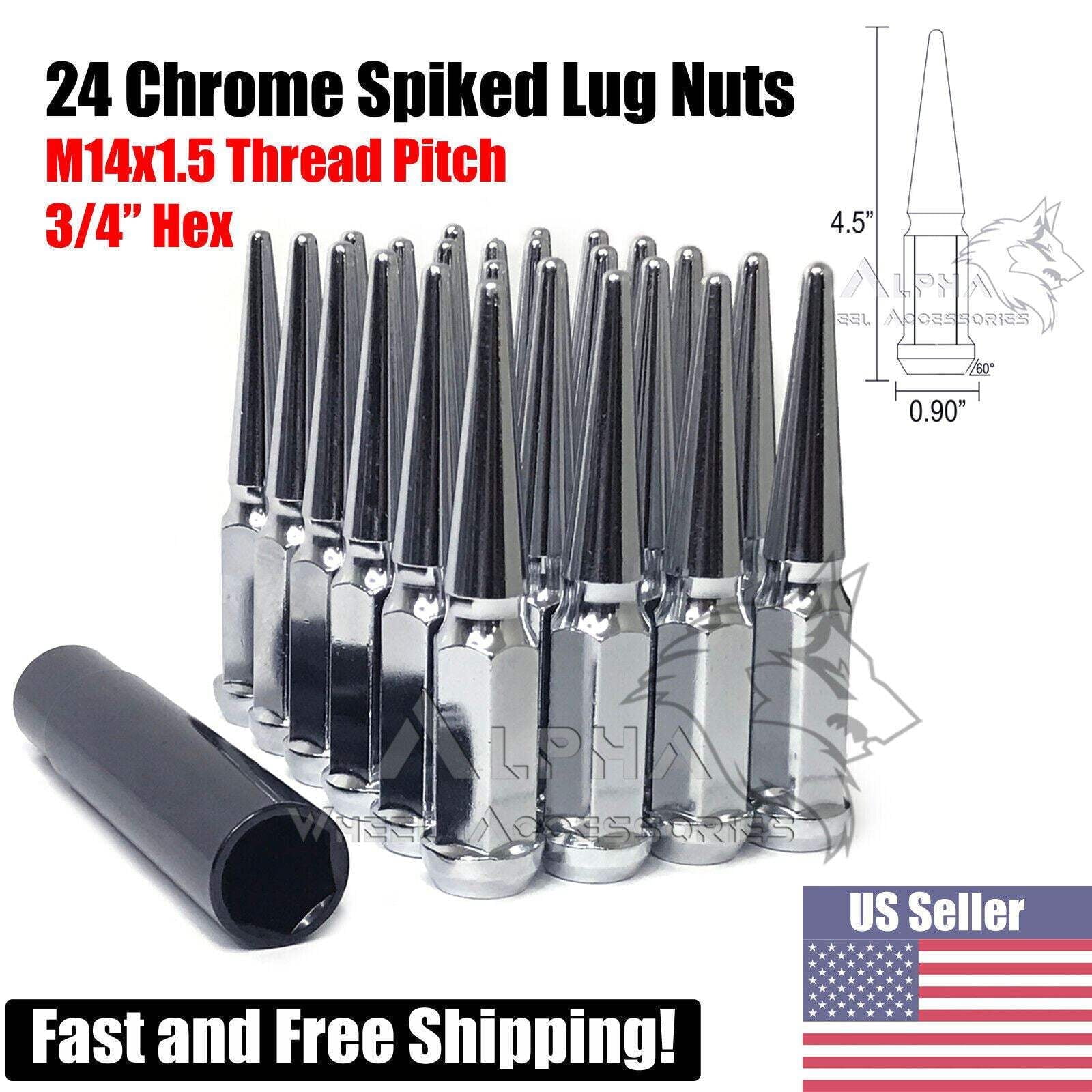 24 Chrome Spike 14x1.5 Lug Nuts 3/4" Hex For F-150 Expedition Navigator ...