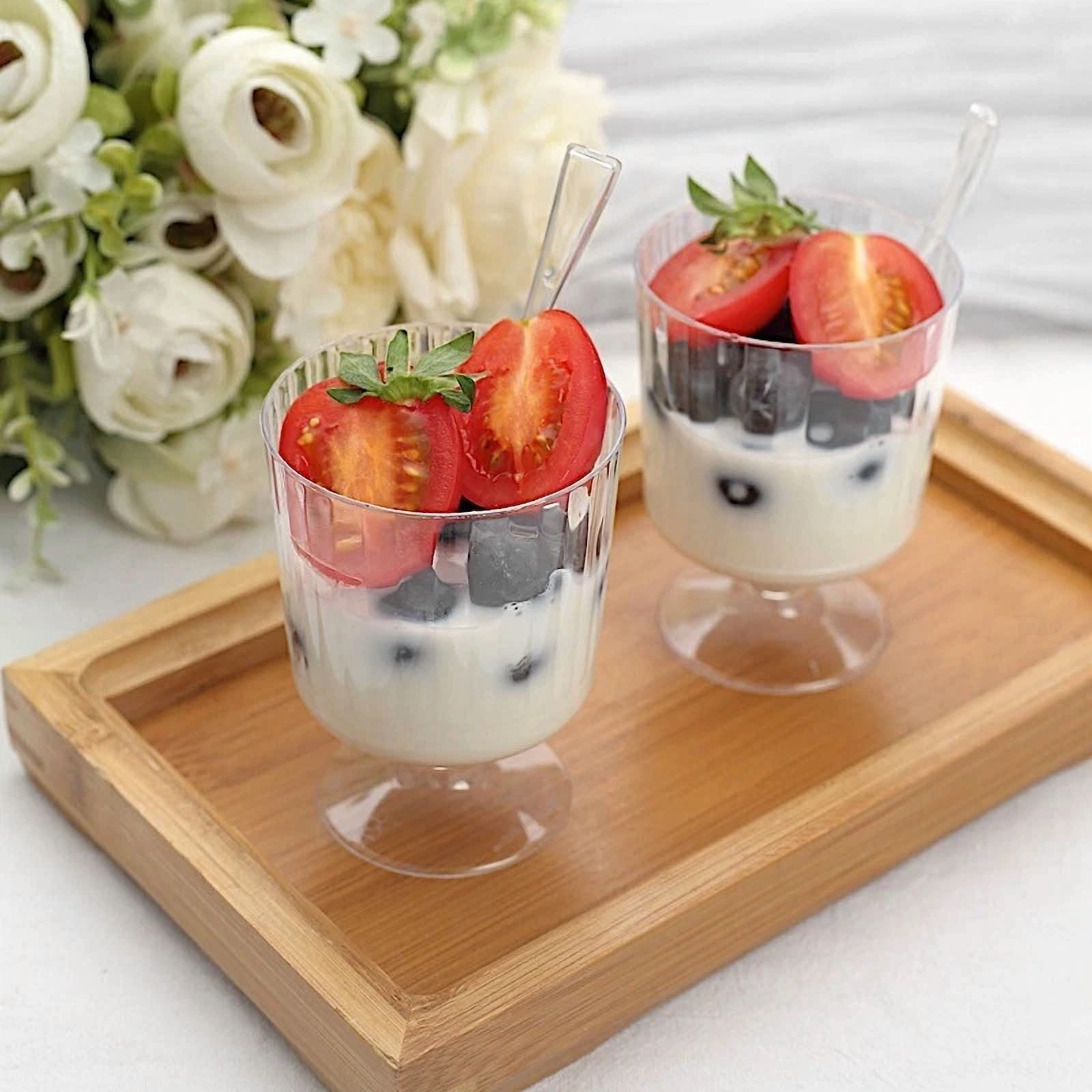 24 Clear 5 Oz Disposable Ribbed Round Plastic Dessert Cups Spoon Set ...