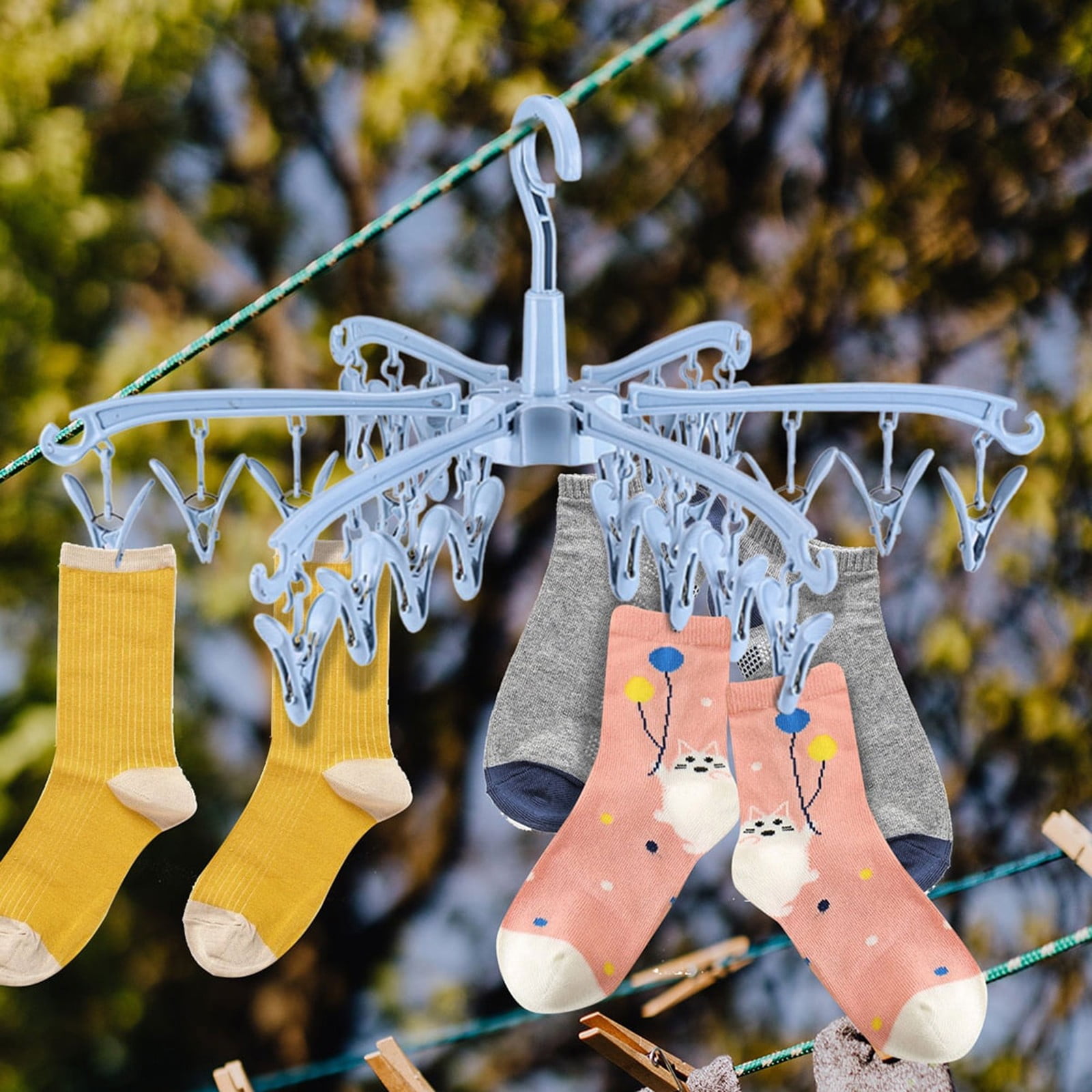 24 Clips, Rotating Hanger, Foldable and Portable Plastic Sock Drying ...