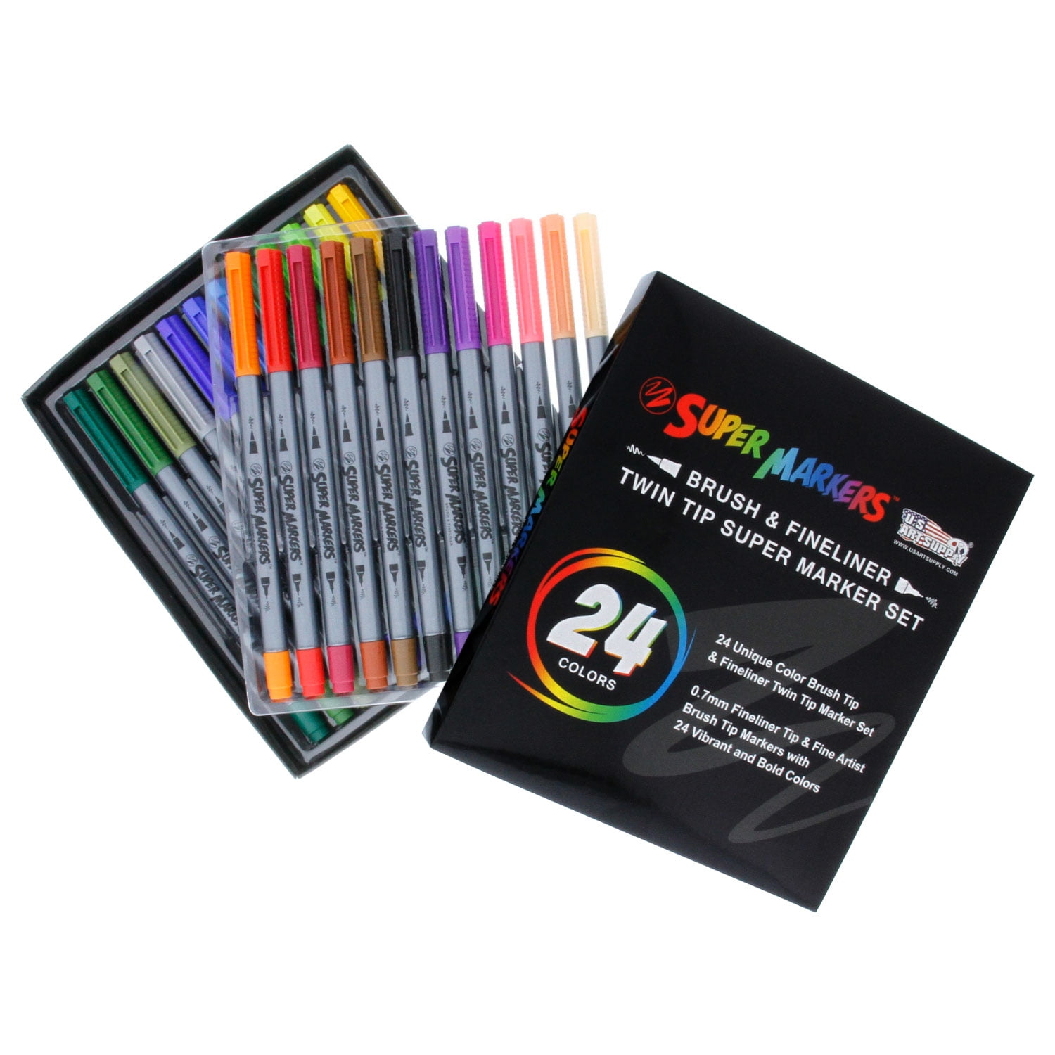 24 Color Brush Tip & Fineliner Twin Tip Marker Set 0.7mm Fineliner Tip ...