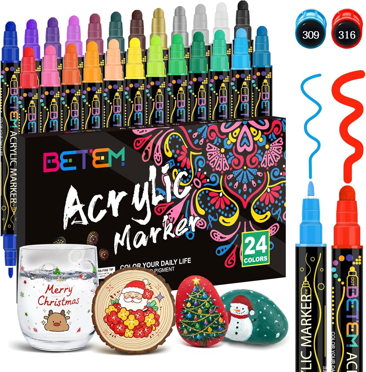 24 Colors Dual Tip Acrylic Paint Pens Markers, Premium Acrylic Paint ...