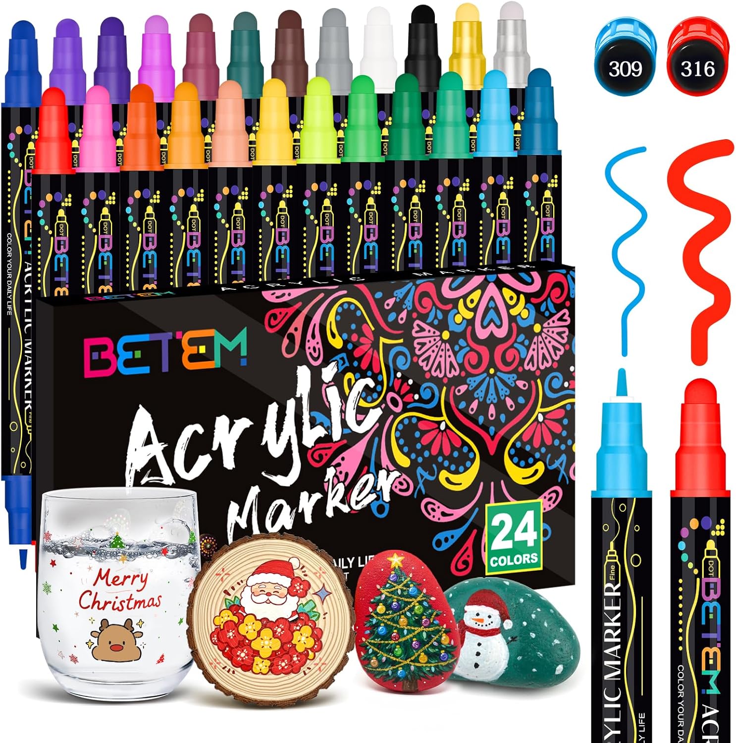 24 Colors Dual Tip Acrylic Paint Pens Markers, Premium Acrylic Paint ...