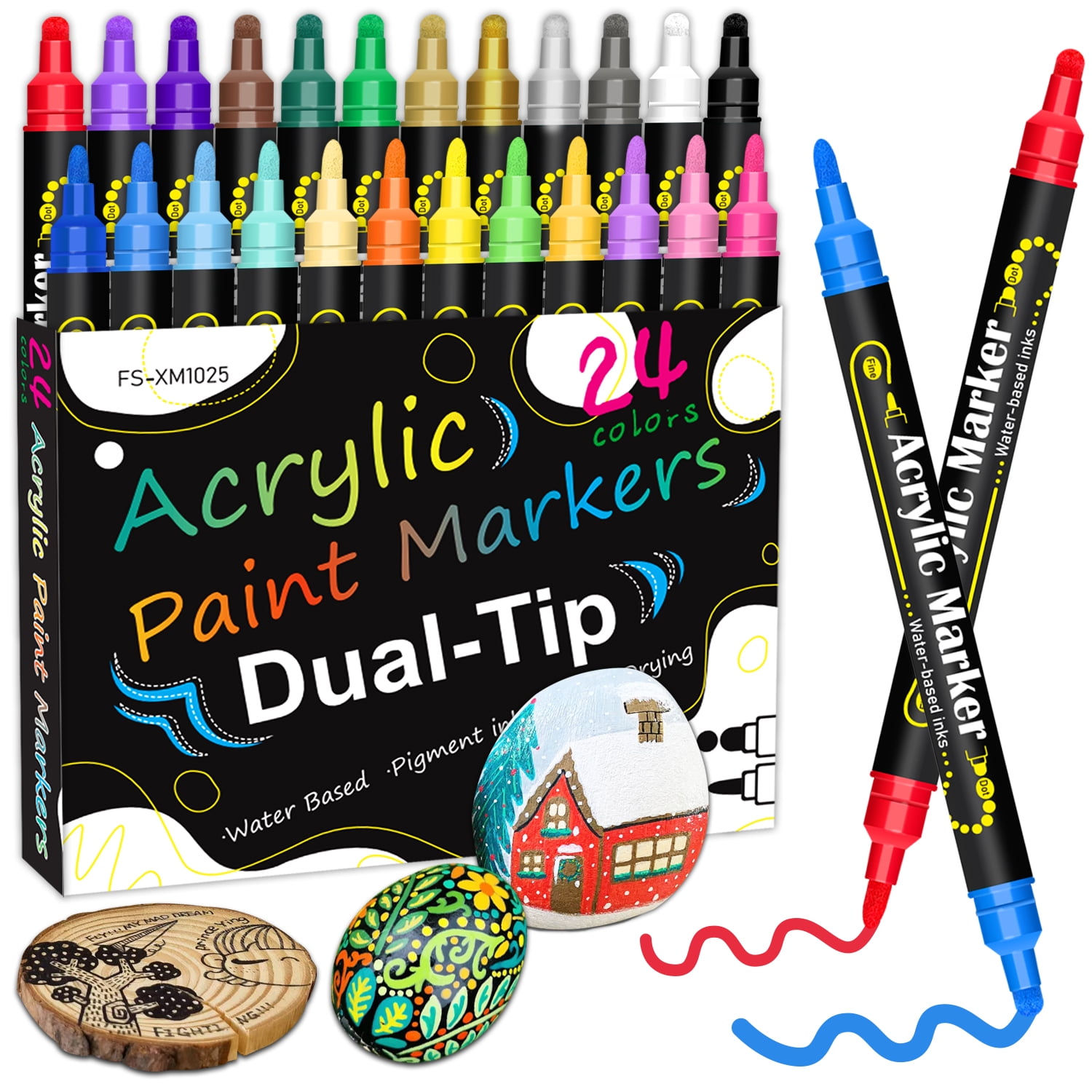 24 Colors Dual Tip Acrylic Paint Pens Markers for Wood, Canvas, Stone ...