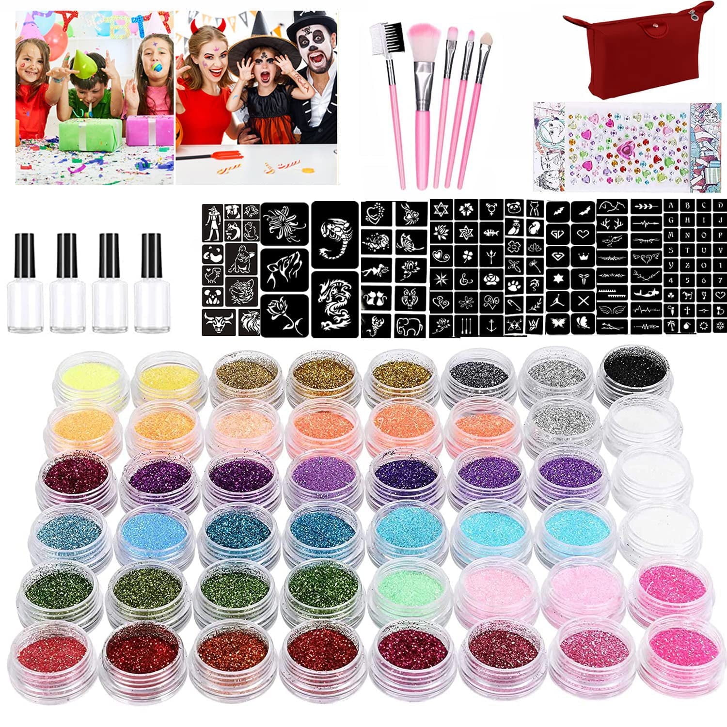 Howaf 48 Colors Glitter Tattoo Kit Body Temporary Tattoos with 94 ...