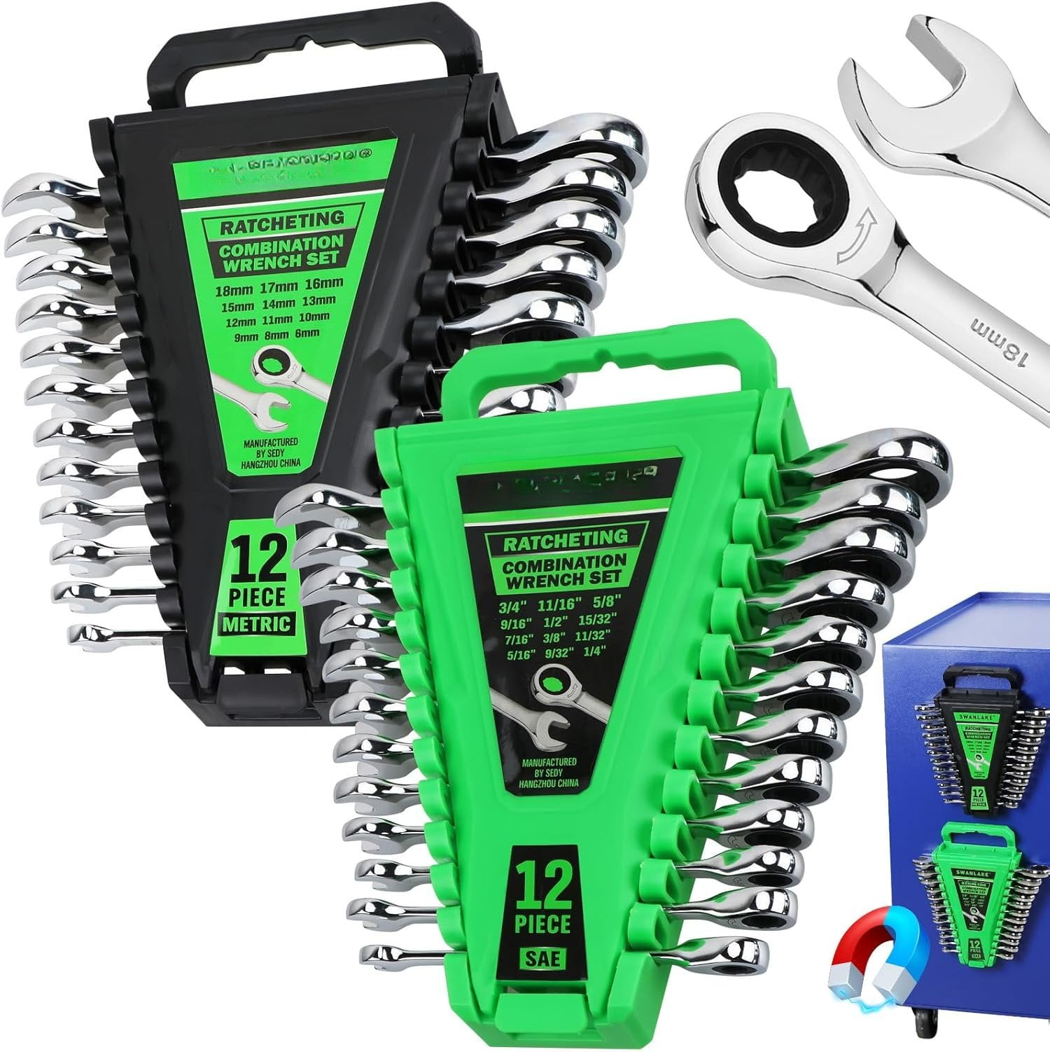 24- Combination Ratchet Wrench Set, Metric (6-18mm) & (1/4''-3/4 ...