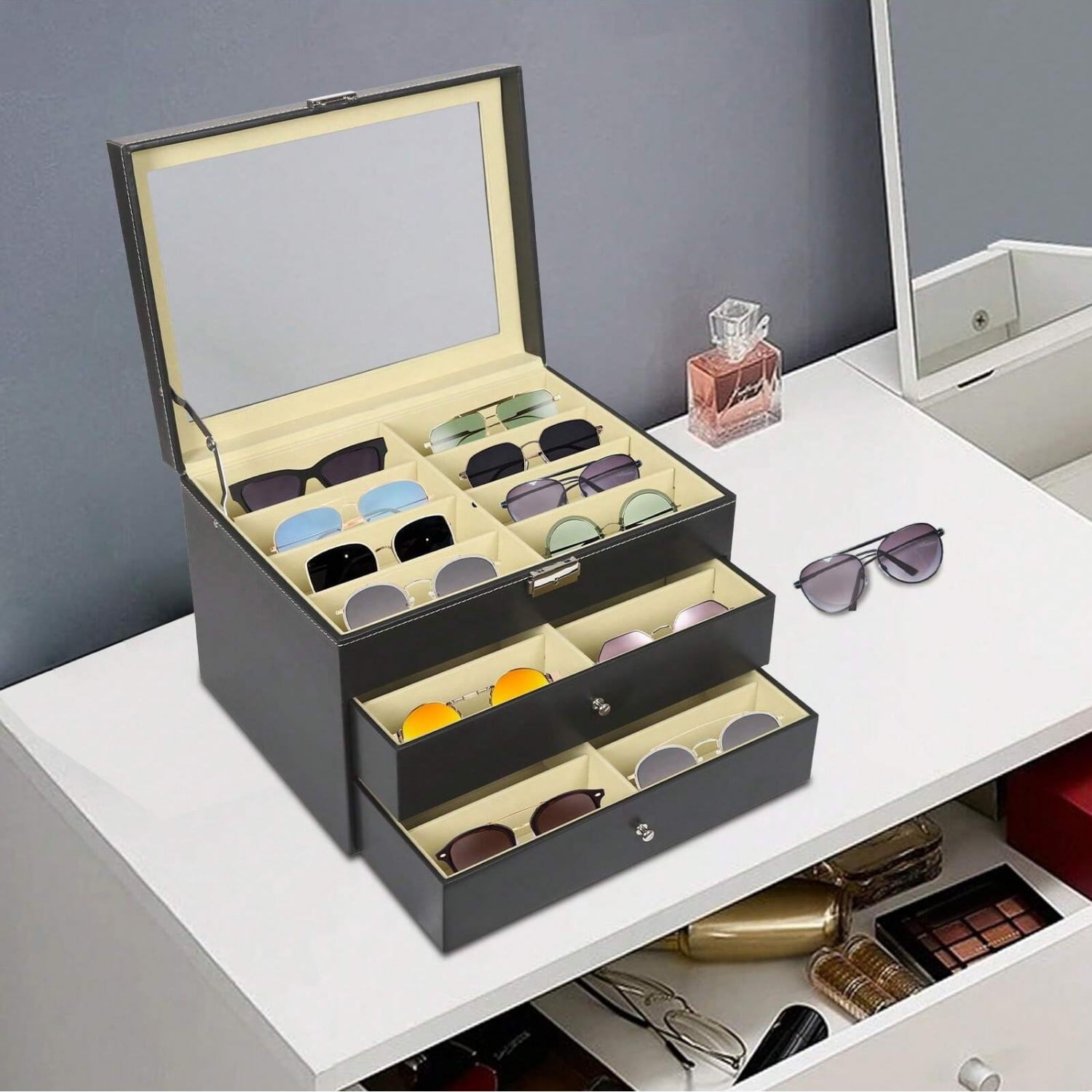 24 Compartments Eyeglasses Storage and Sunglass Glasses Display Drawer ...