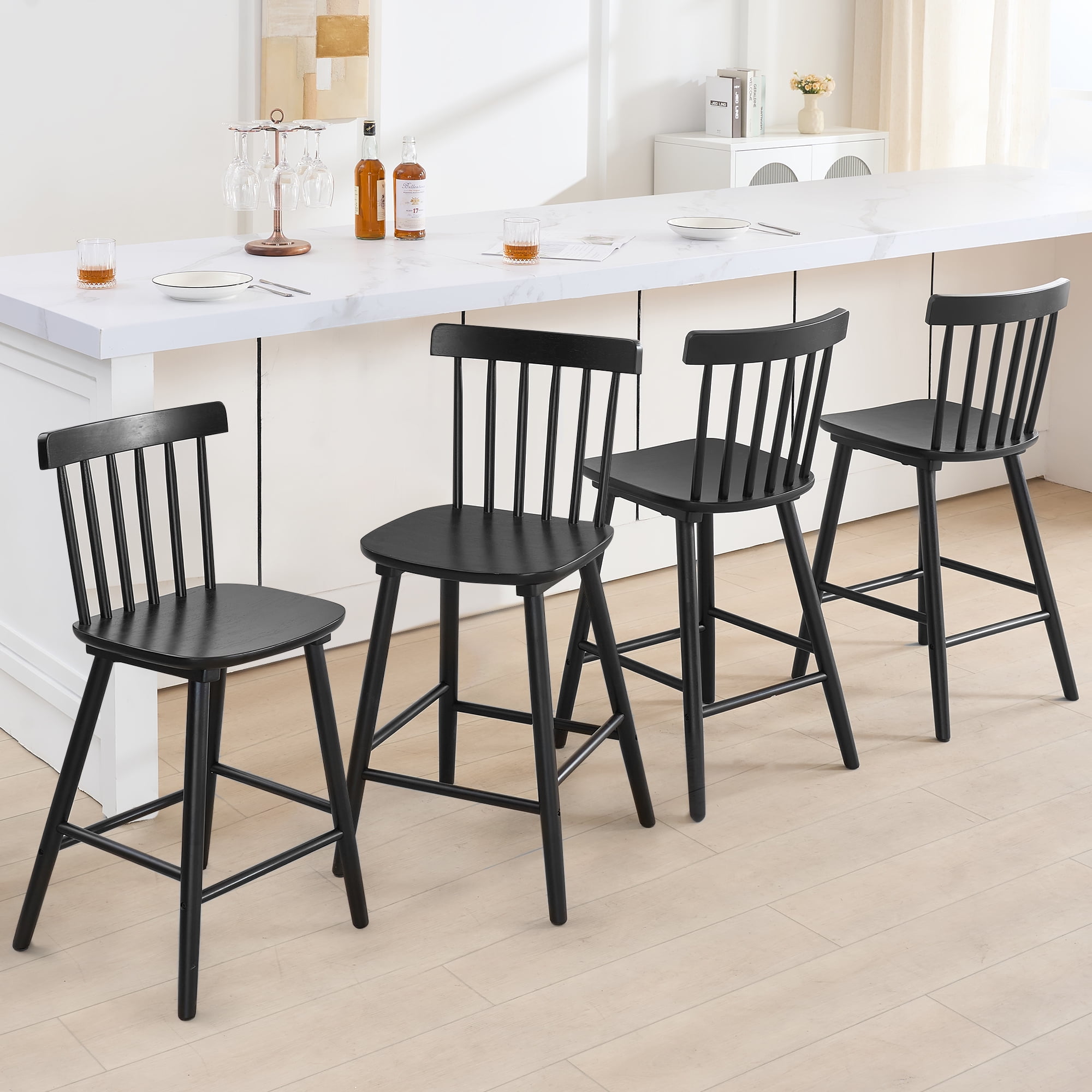 24" Counter Height Bar Stools Set of 4, Windsor Style Wooden Stools ...