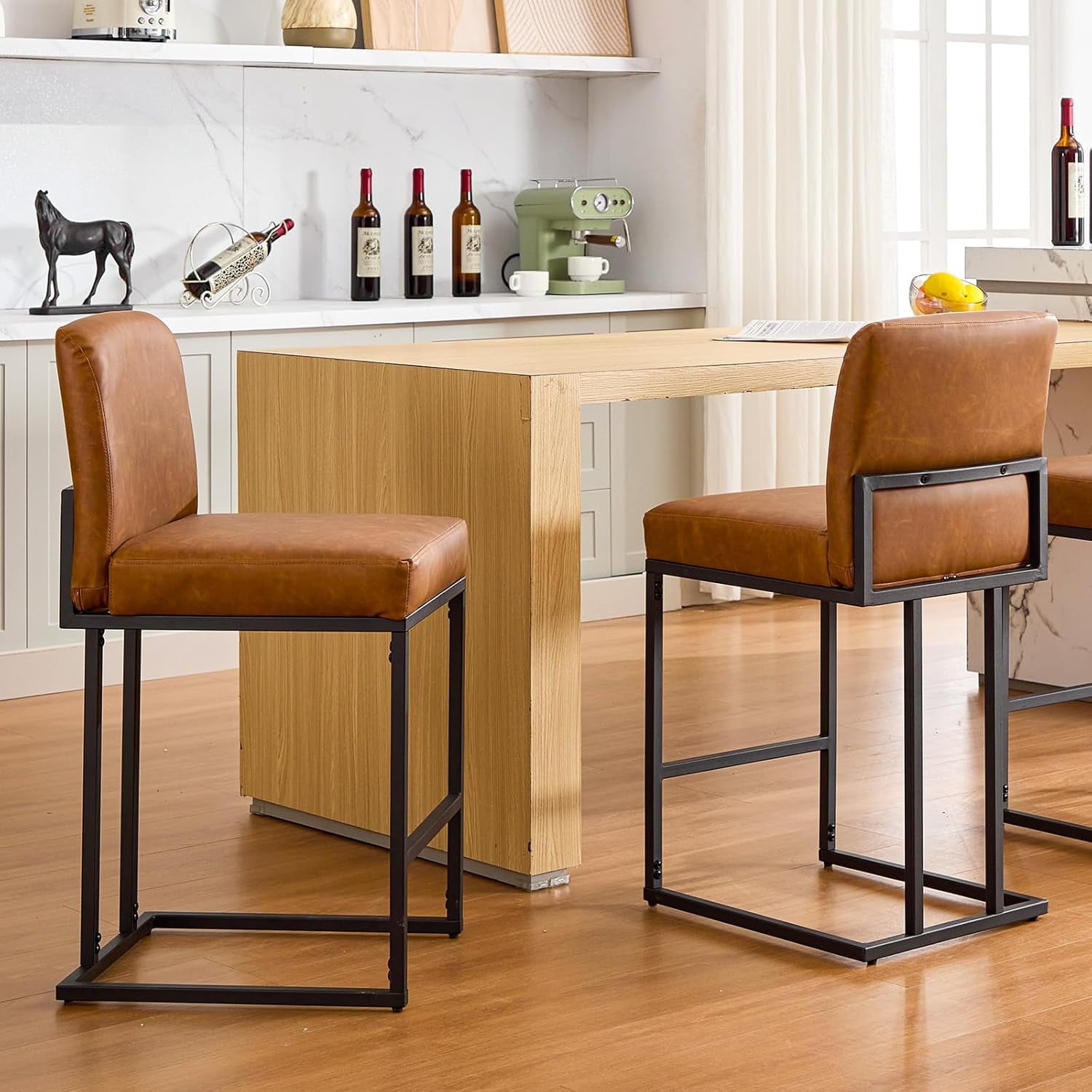 24" Counter Height Bar Stools Set of 2,Modern PU Leather Counter Stool ...