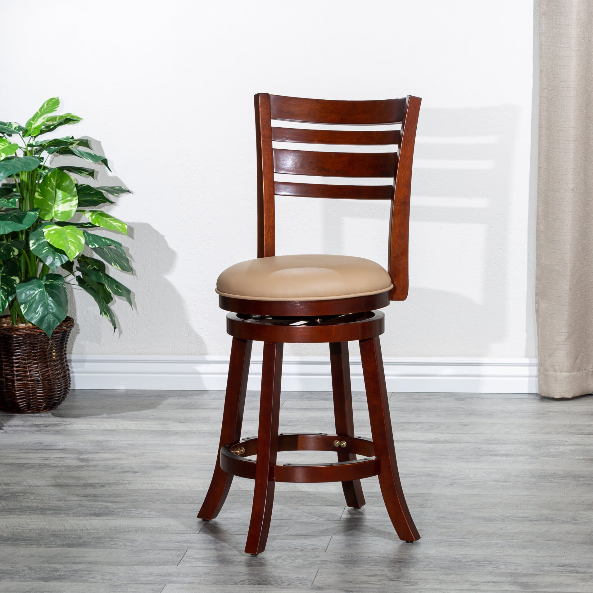 24" Counter Height Stool with Curved Slat Back, 360° Swivel Barstool ...