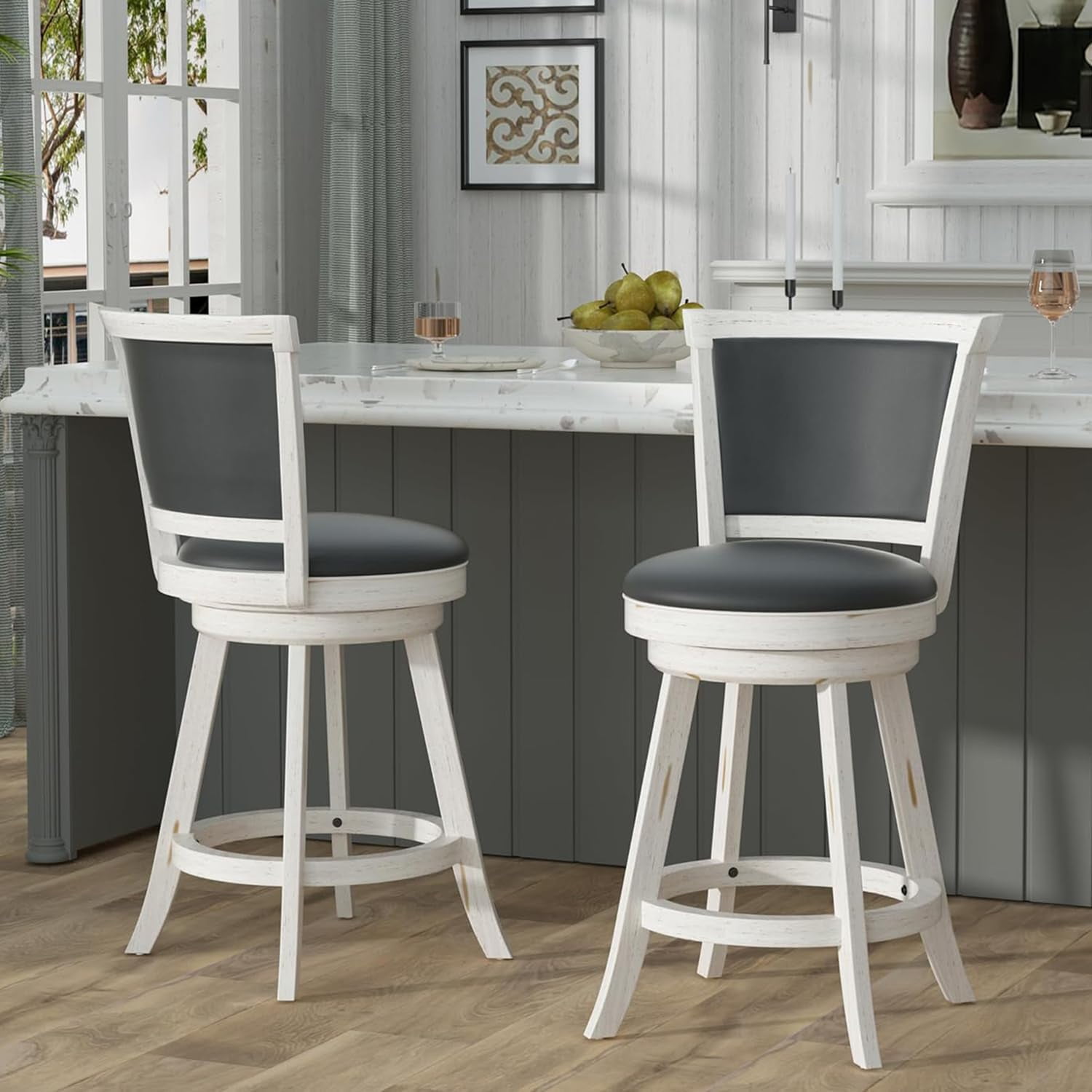 24" Counter Height Swivel Bar Stools, High Back Bar Stools with Grey ...
