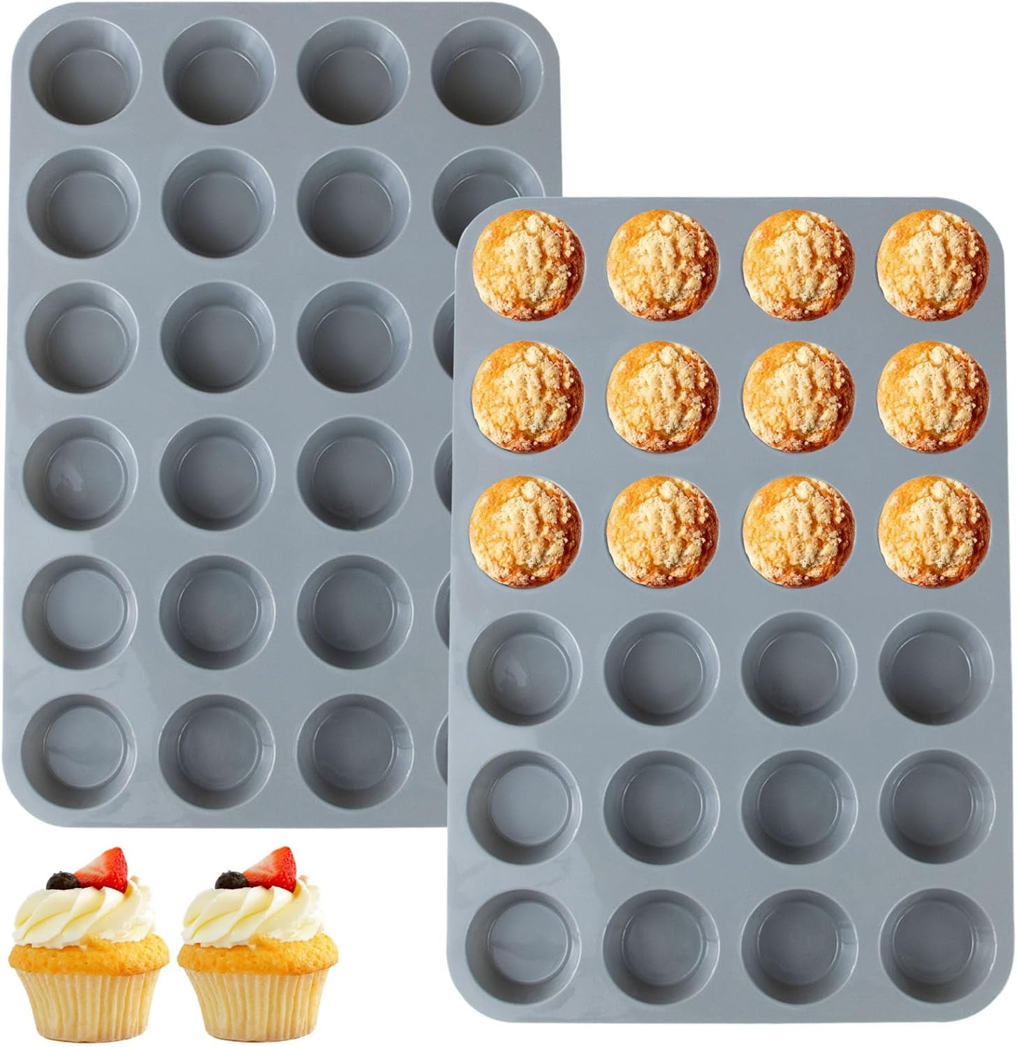 24 Cups Silicone Mini Muffin Pan Set, Nonstick Mini Cupcake Pans, BPA ...