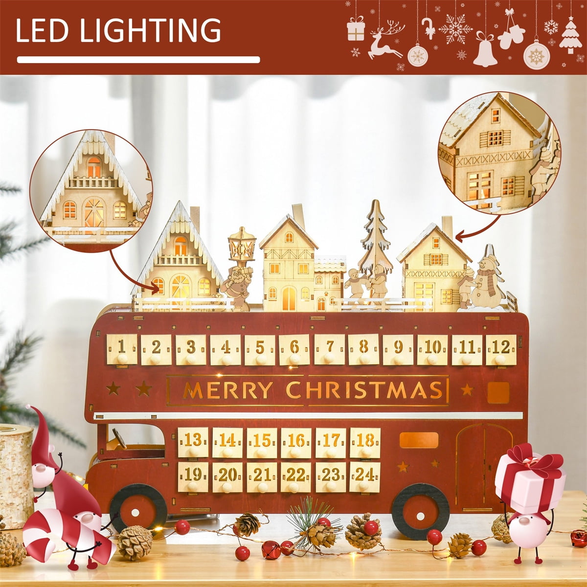 24-Day Red Bus Christmas Advent Calendar – Wooden Light-Up Village ...