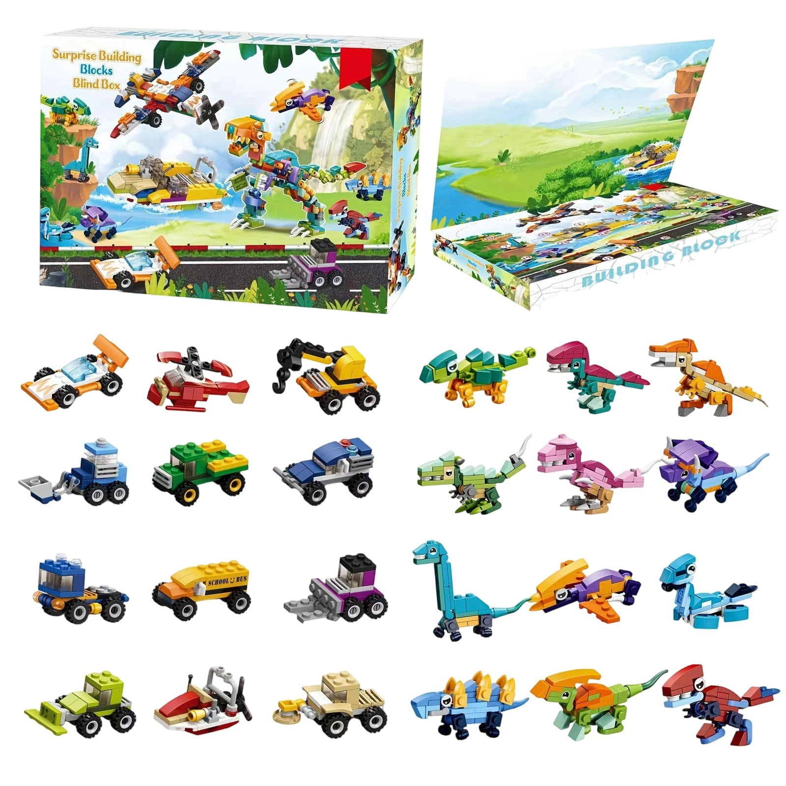 24 Days Christmas Countdown Building Block Set, Dinosaur and Car Themed ...