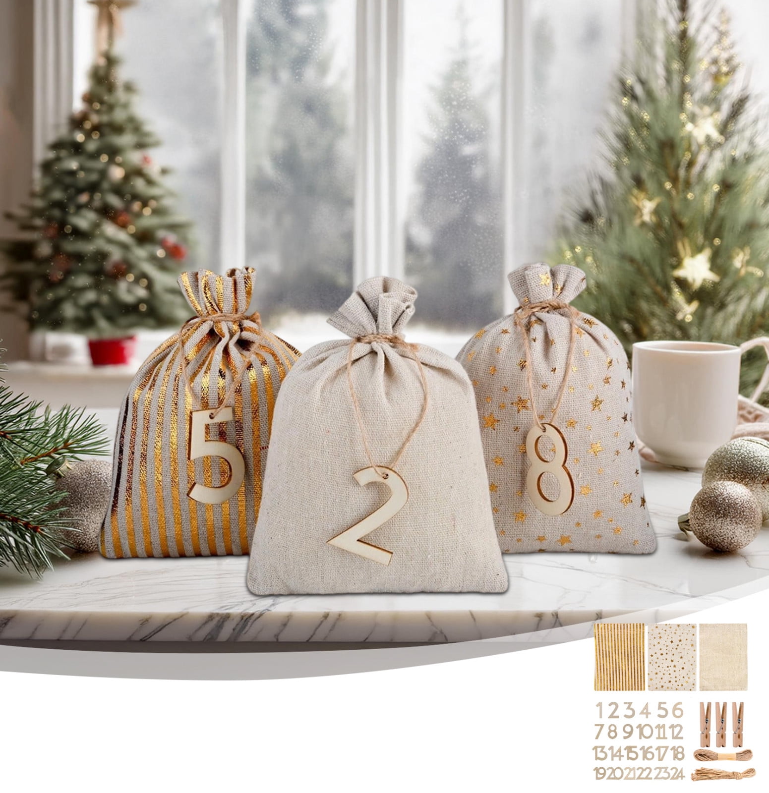 24 Days Hanging Advent Calendar Bag Set - Reusable Linen Candy Gift ...