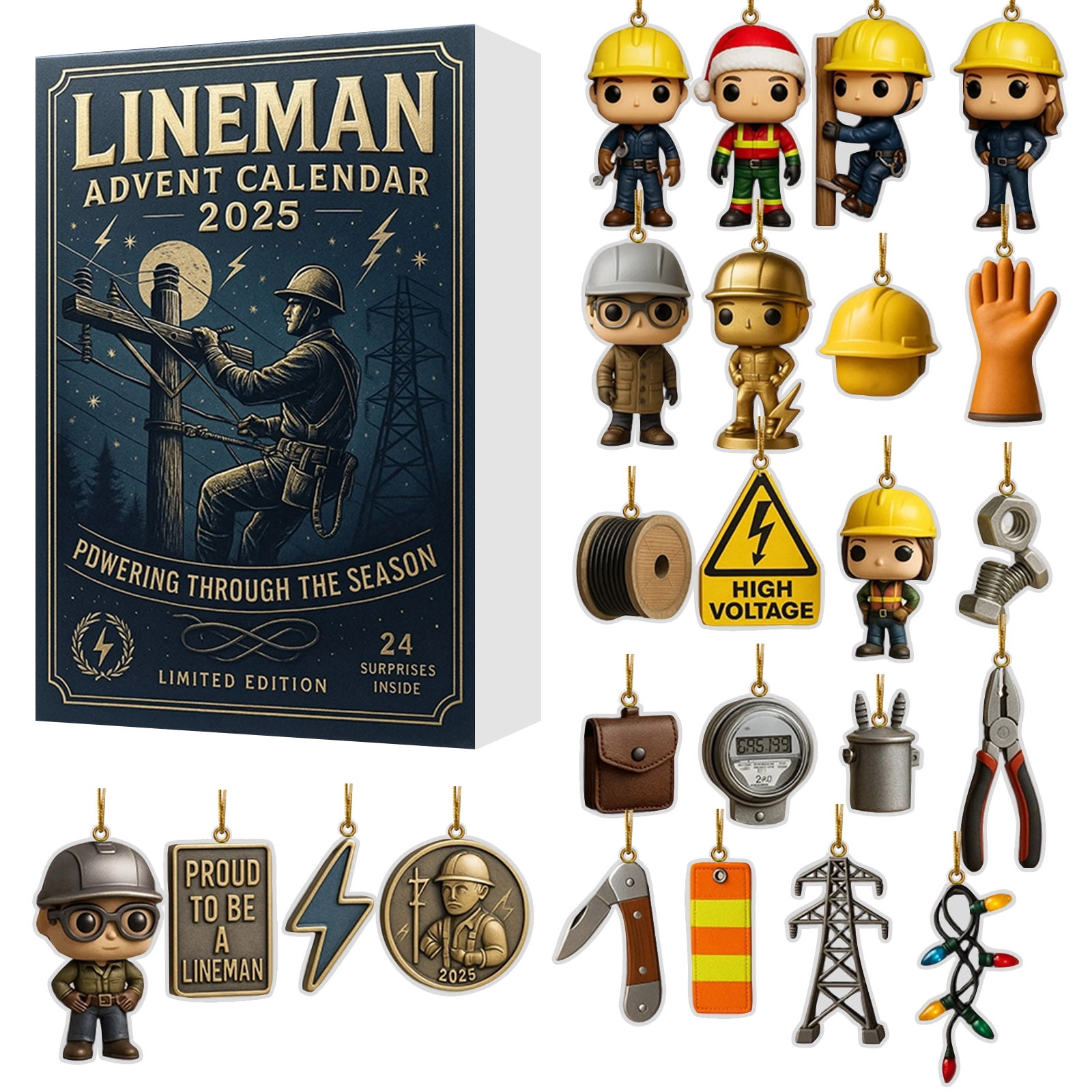 24 Days Lineman Advent Calendar 2025, Christmas Ornaments, 24 Christmas Countdown Calendar with ...